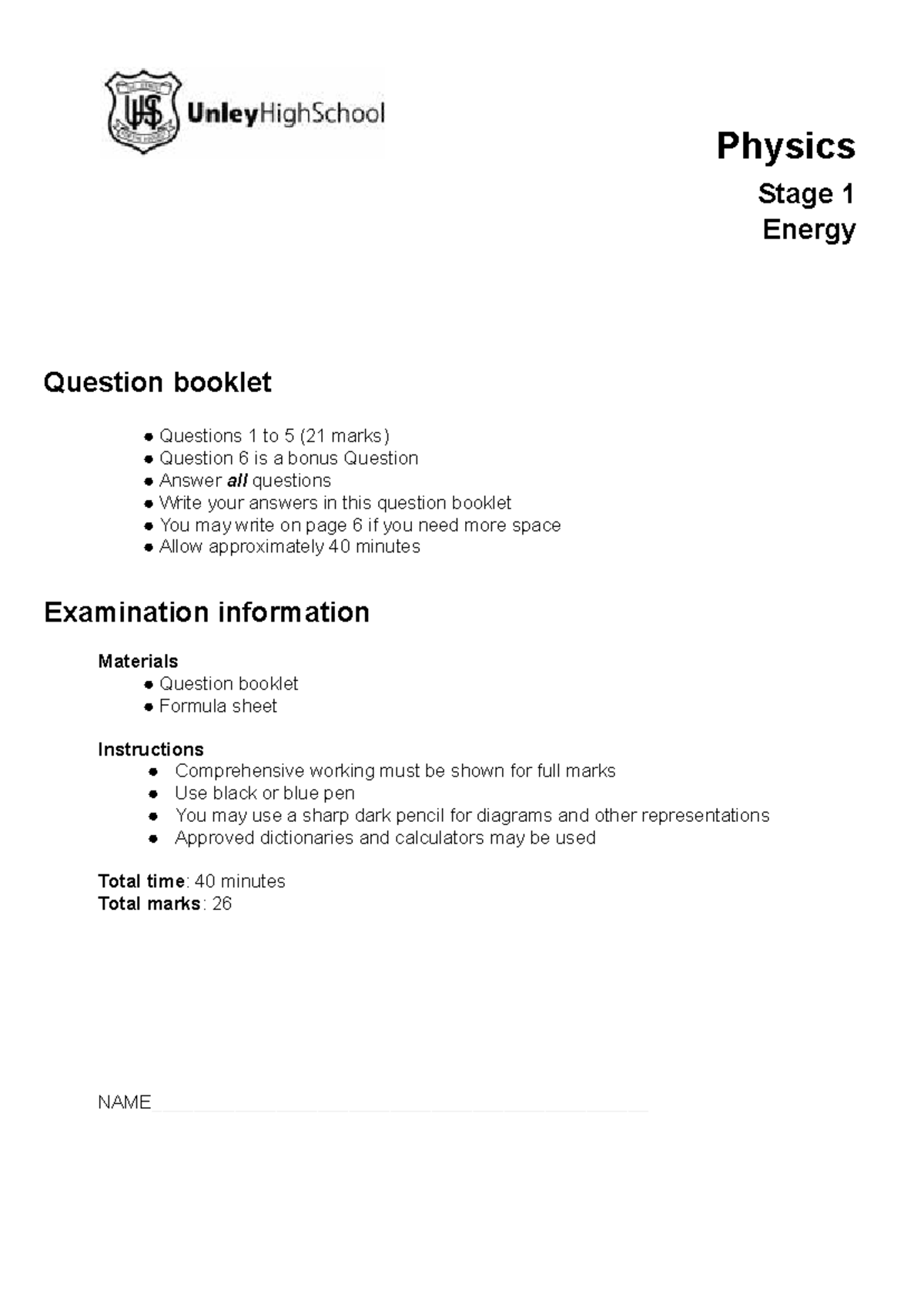 Physics Stage 1 Energy Practice Test Questions 1-6 (26 Marks) - Studocu
