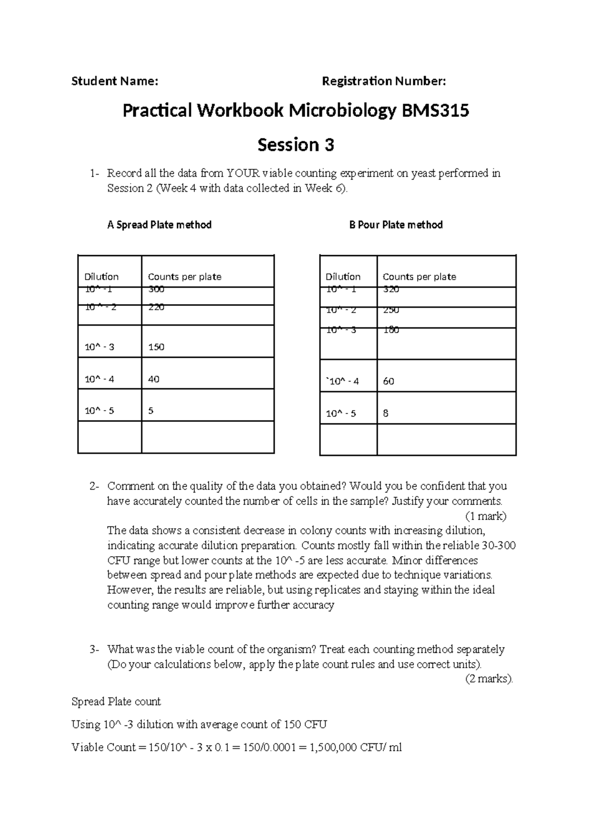 Practical Workbook Session 3: Viable Yeast Counting Methods BMS 2024-25 ...