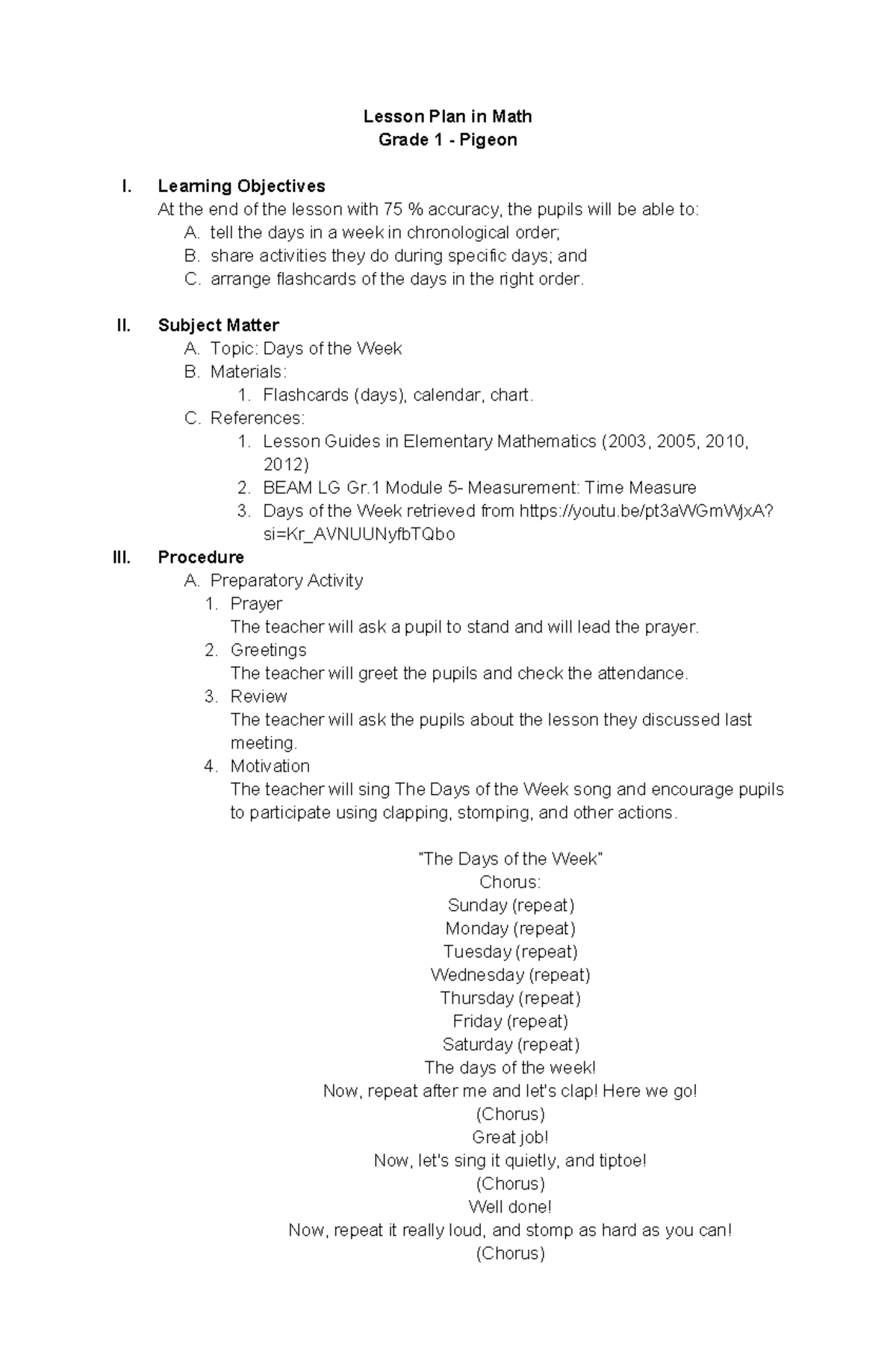 Lesson PLAN IN MATH - Lesson Plan in Math Grade 1 - Pigeon I. Learning ...