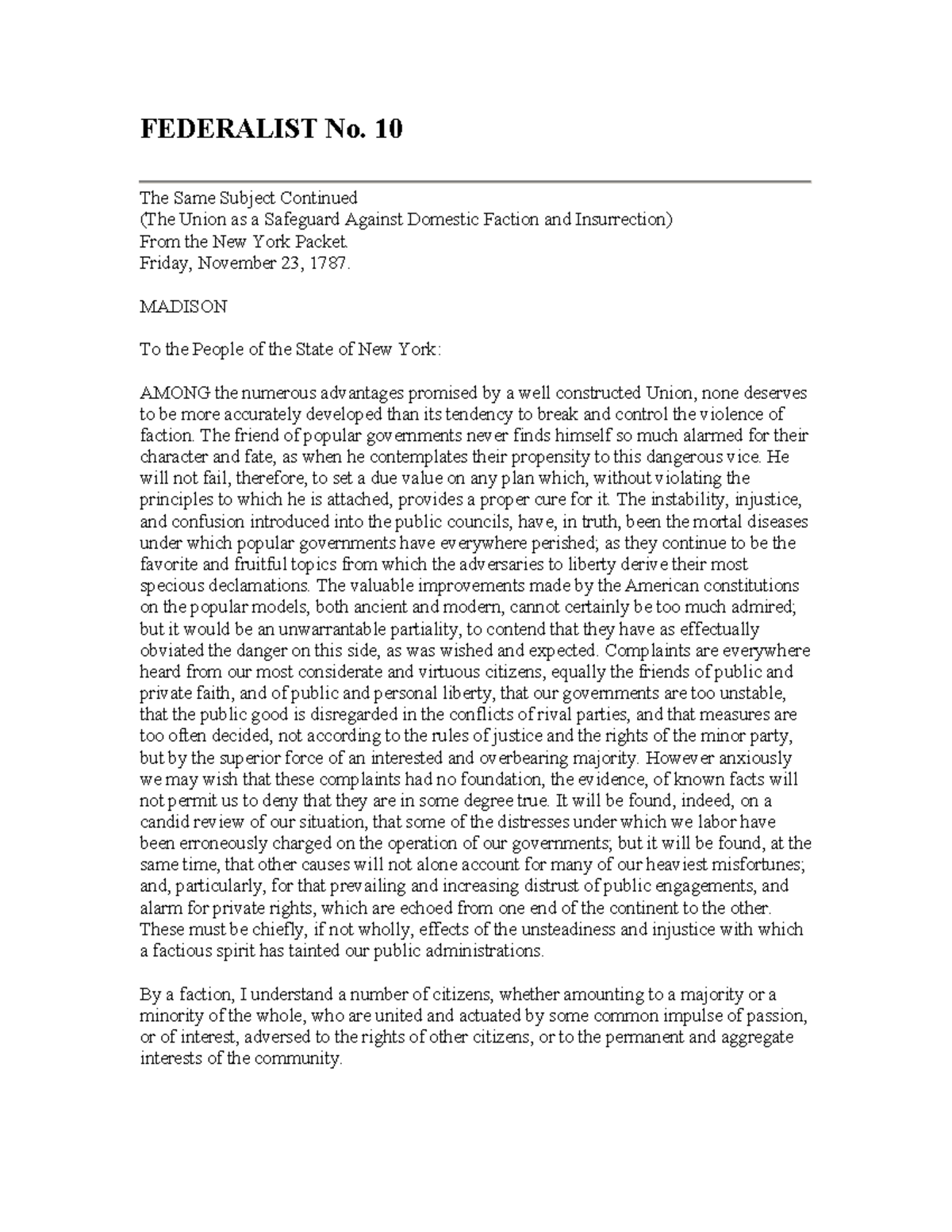 Federalist No. 10: Addressing Faction and the Union's Safeguard - Studocu