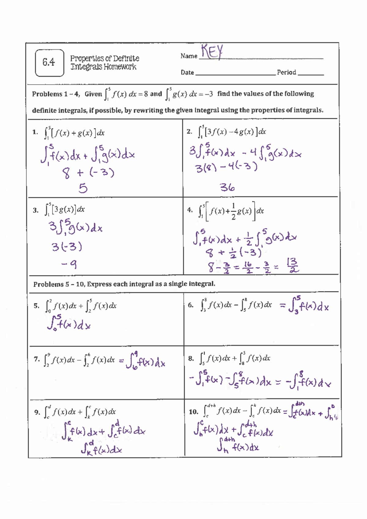 Properties of Definite Integrals HW KEY (6.4) - Studocu