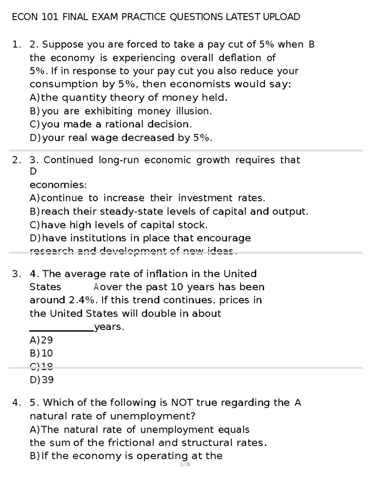 ECON 101 Final Exam Practice Questions - Latest Upload - Studocu