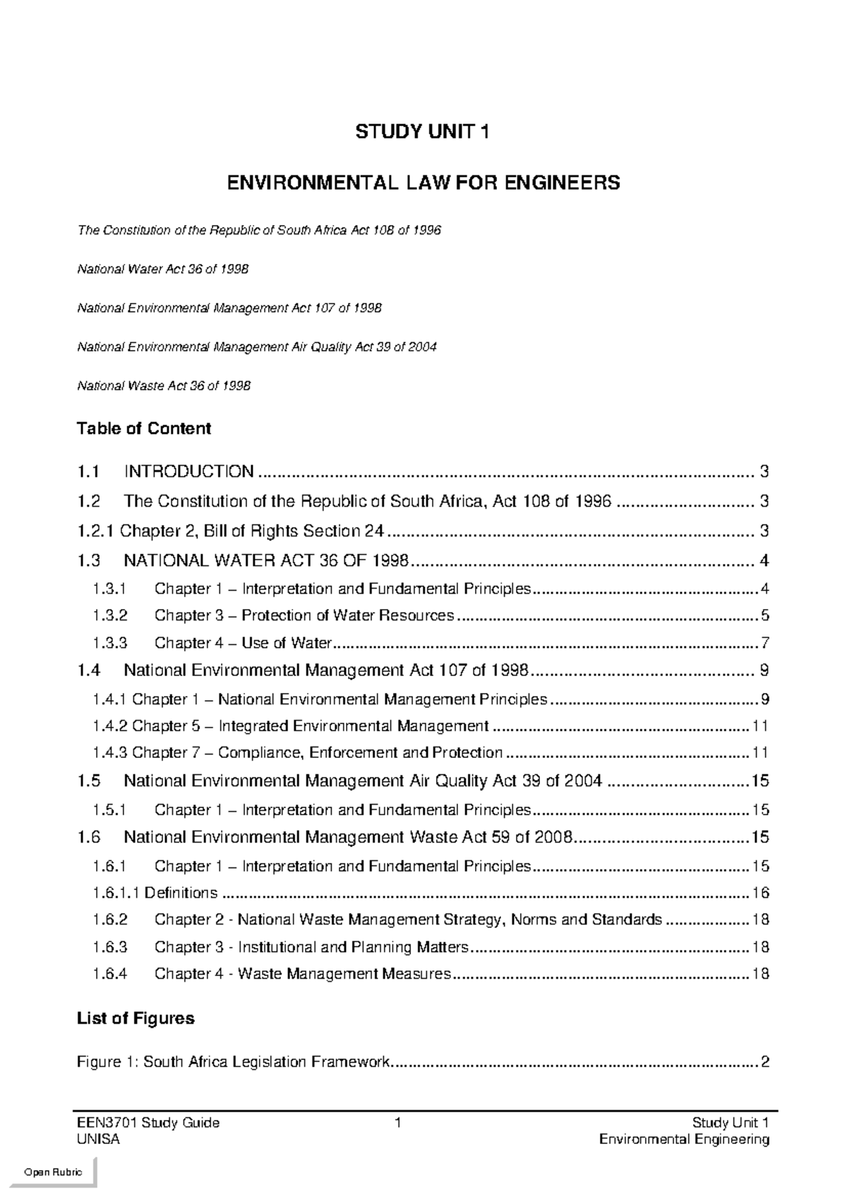 EEN3701 Study Guide: Unit 1 on Environmental Law for Engineers - Studocu