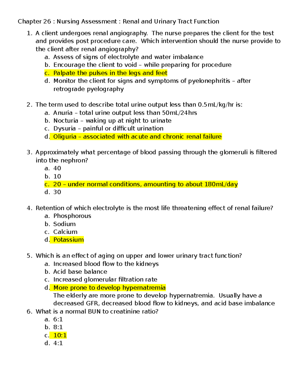 Exam 3 Honan Questions - Chapter 26 : Nursing Assessment : Renal and ...