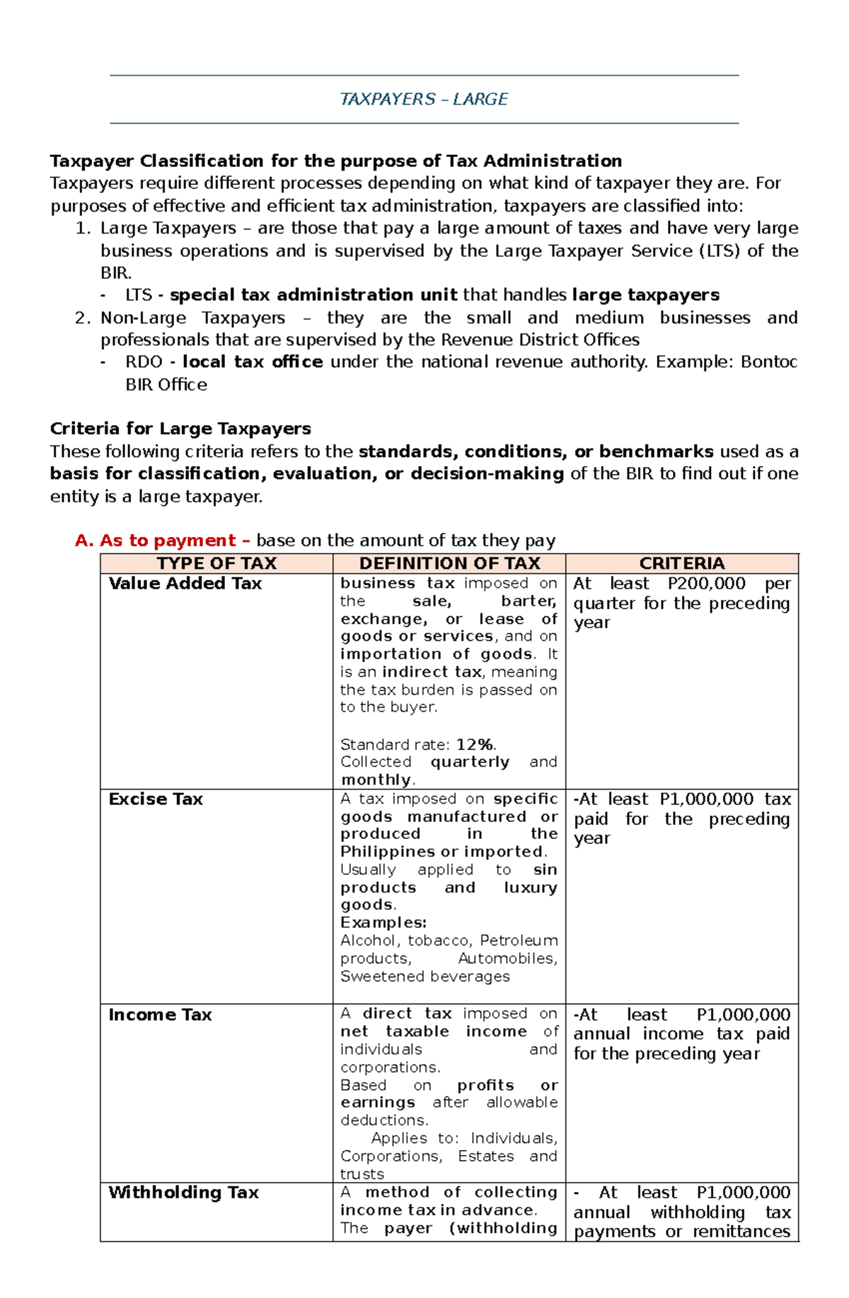 TAX 101: Large Taxpayer Classification for Effective Tax Admin - Studocu