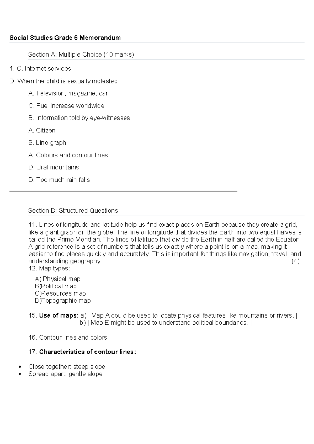 Social Studies Grade 6 Final Exam Memo: Multiple Choice & Structured Qs ...