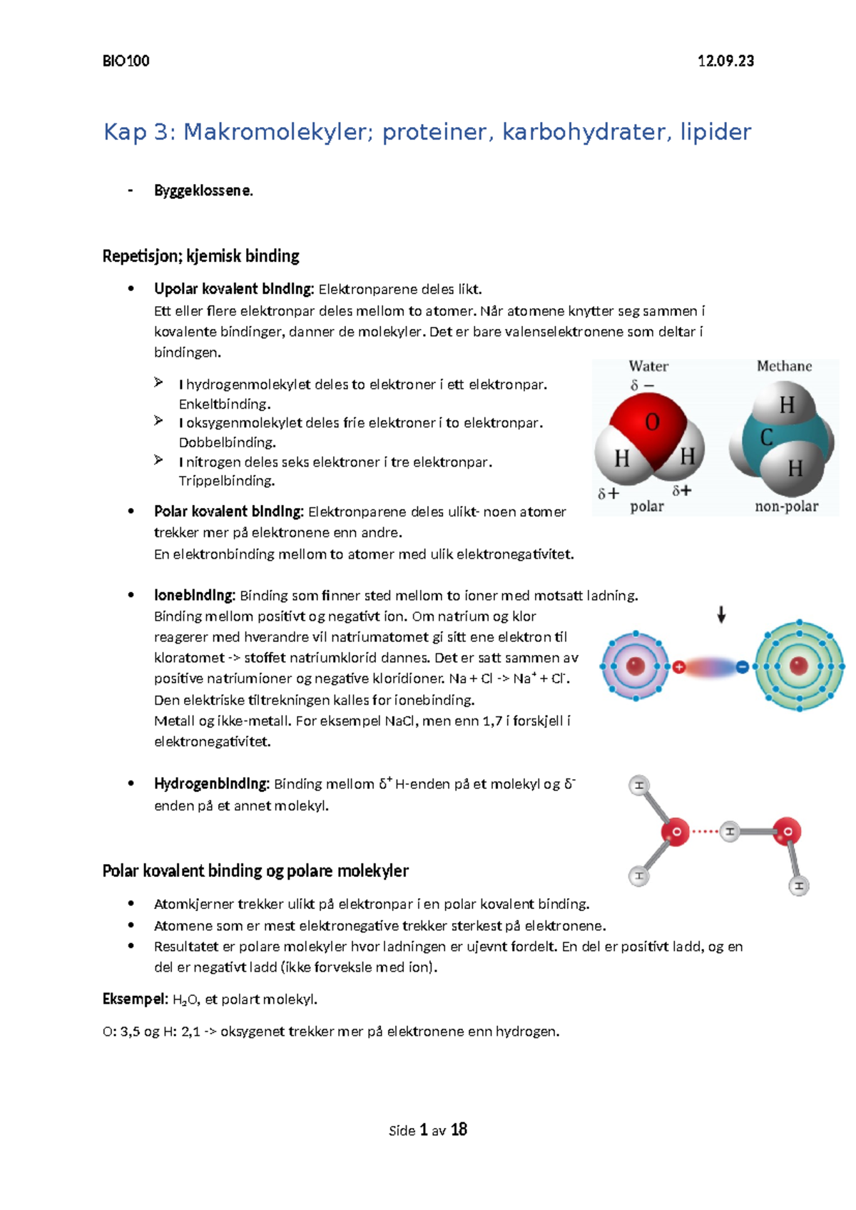 BIO100 Kap 3: Makromolekyler, Kjemiske Bindinger og Biologiske ...