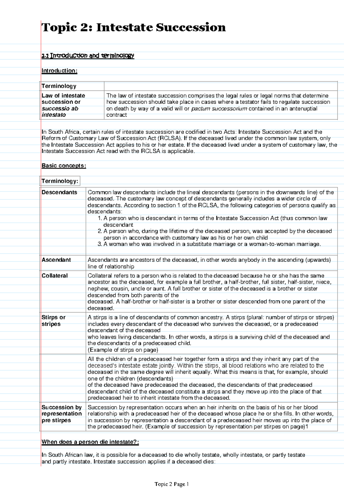 Topic 2 Intestate Succession - 2 Introduction and terminology ...