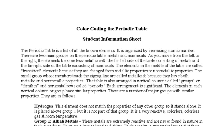 Color Coding the Periodic Table Worksheet Activity - Honors XC - Studocu