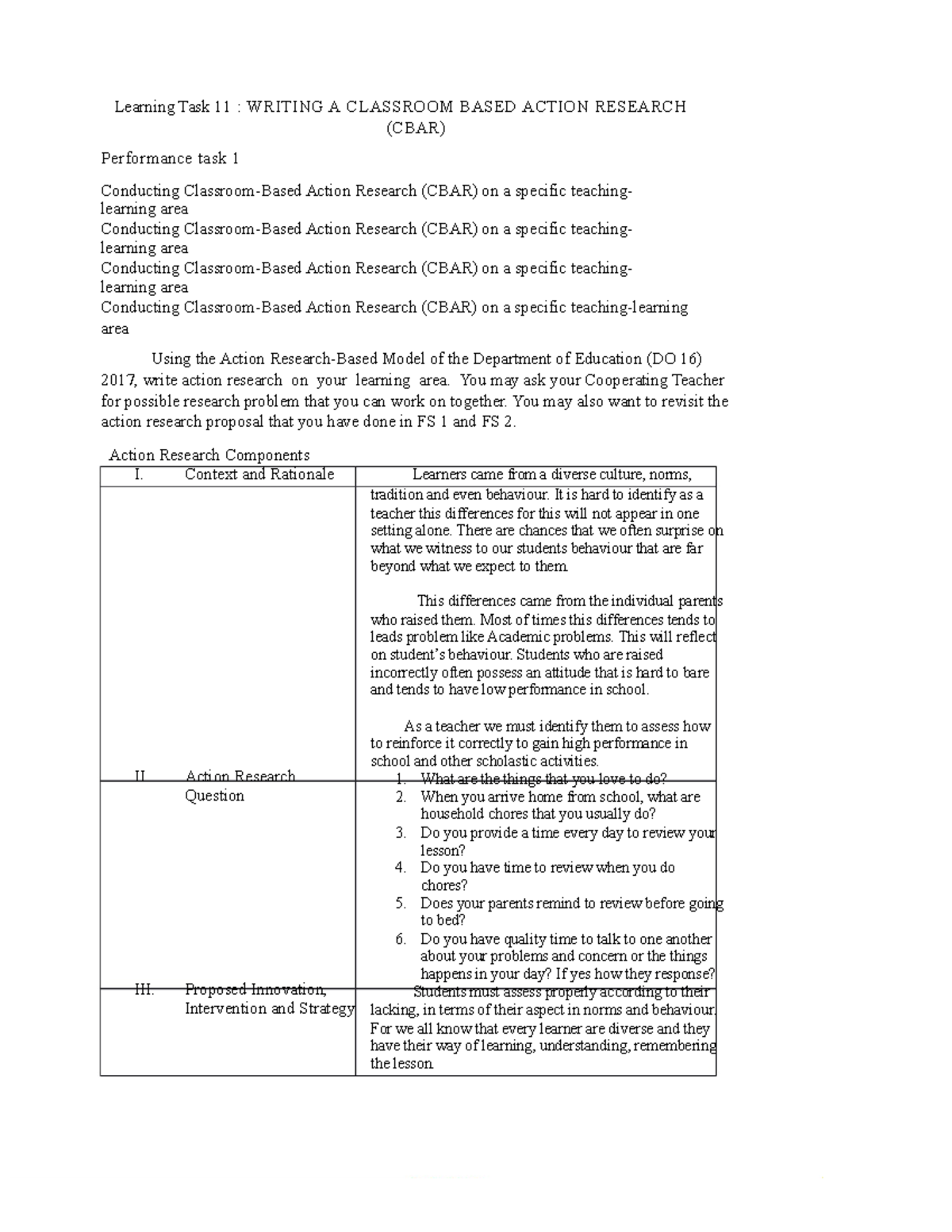 Learning Task 11: Conducting Classroom-Based Action Research (CBAR ...