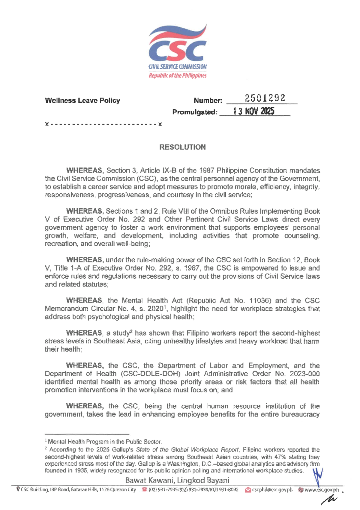 CSC Resolution No. 2501292: Guidelines for Wellness Leave Policy - Studocu