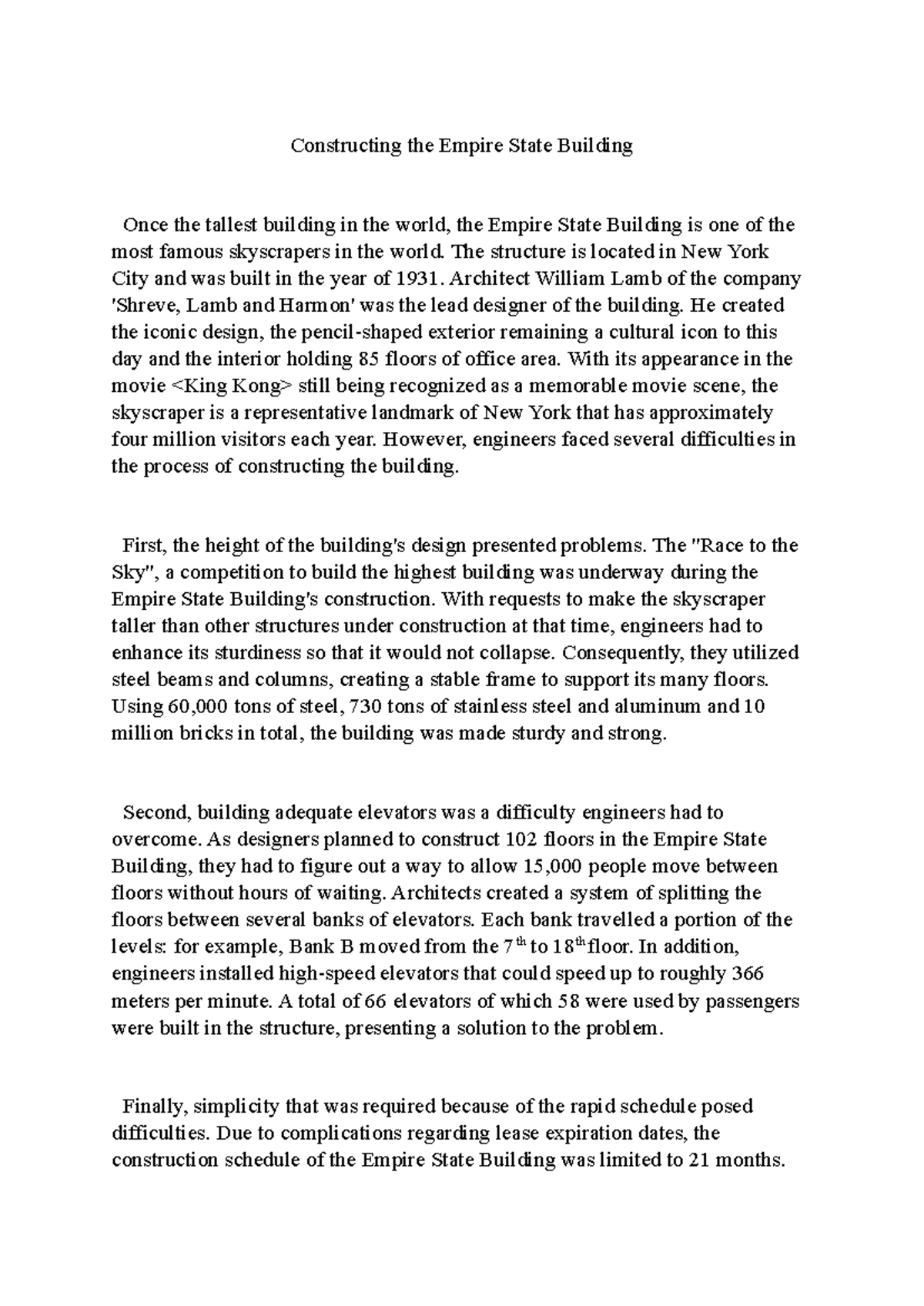Problem Solution Essay: Challenges in Constructing the Empire State ...