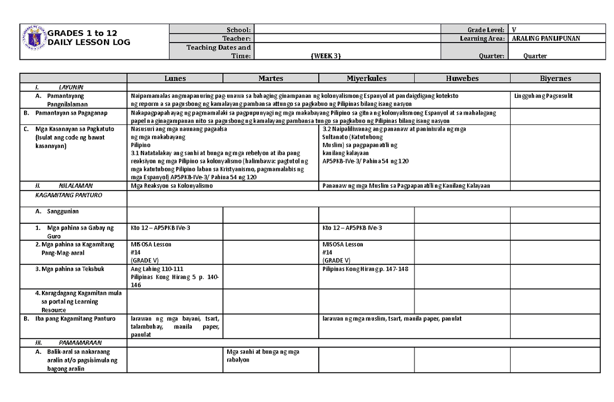 Grade 5 DLL Araling Panlipunan 5 Q4 Week 3 - GRADES 1 to 12 DAILY LESSON LOG School: Grade Level ...