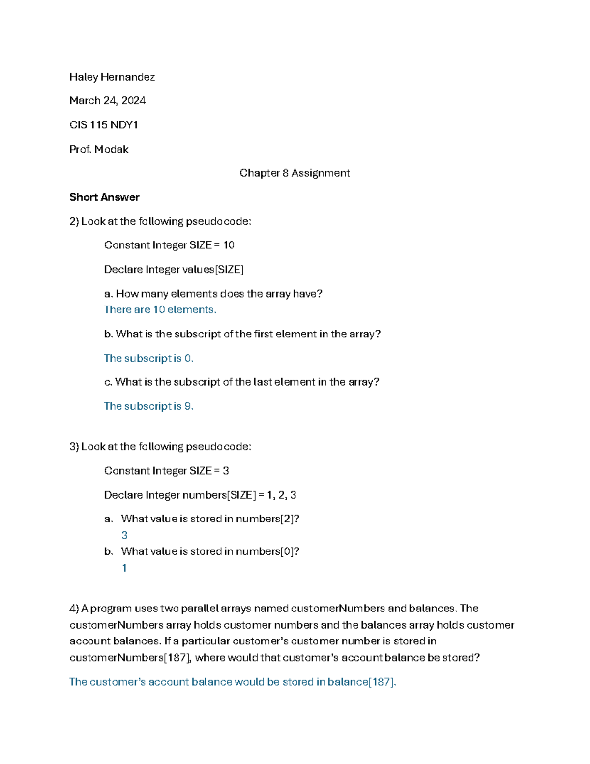 CIS 115 NDY1 Chapter 8 Assignment: Coding Exercises and Pseudocode - Studocu