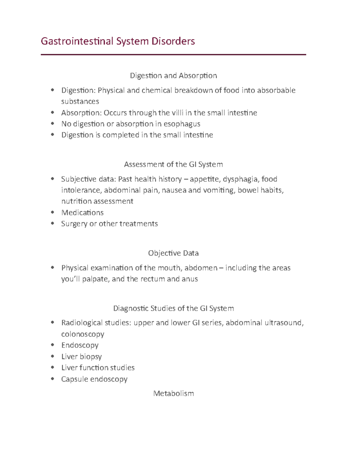 GI Disorders Notes - Gastrointestinal System Disorders Digestion and ...