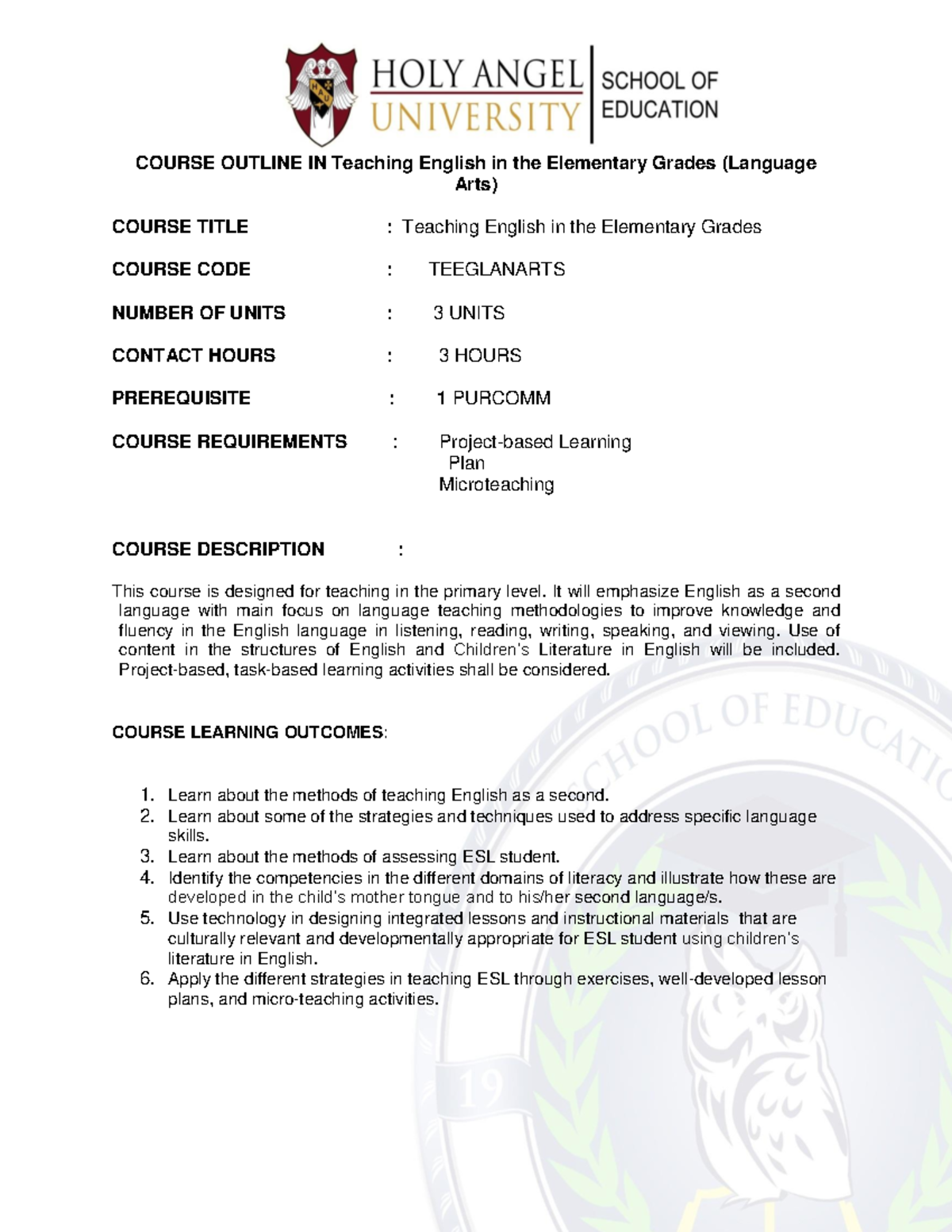 Teaching English in Elementary Grades (TEEGLANARTS) Course Outline ...