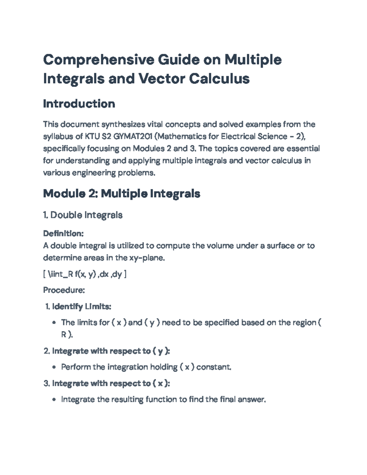 Comprehensive Guide to Multiple Integrals & Vector Calculus for KTU S2 GYMAT201 - Studocu