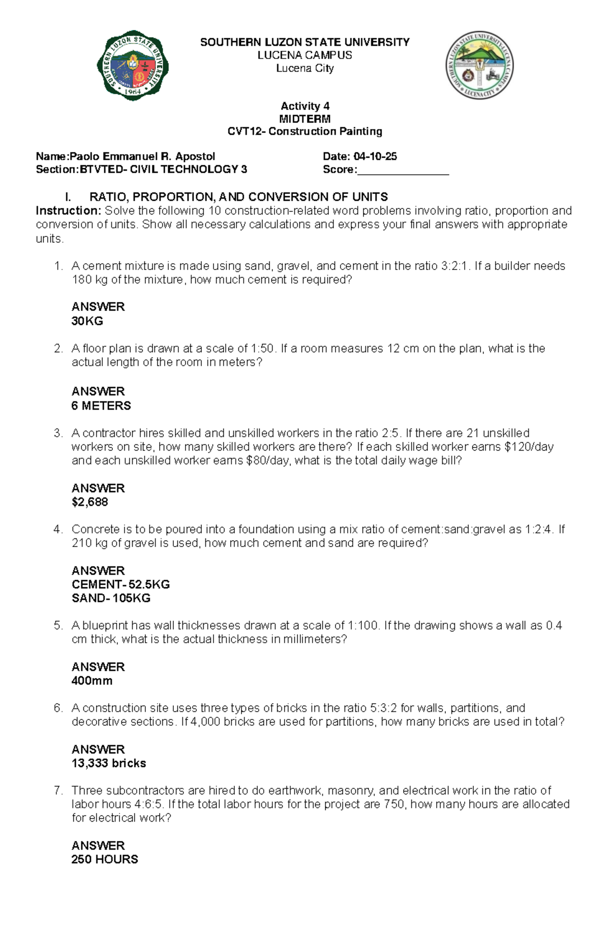 CIVIL TECHNOLOGY 3 MIDTERM Activity 4: Ratio, Proportion & Unit ...