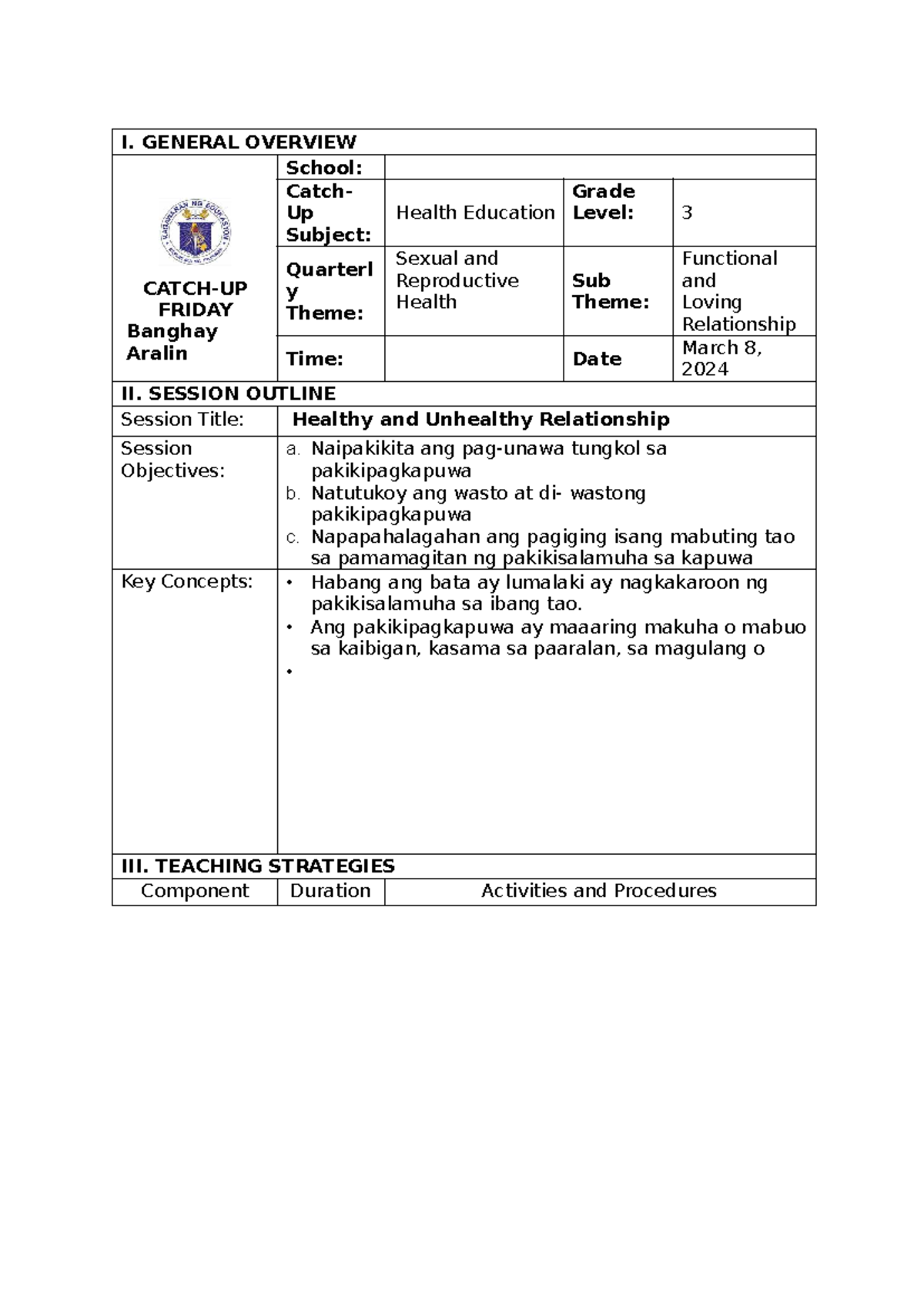 GR.3 Health Education: Healthy and Unhealthy Relationships Lesson Plan ...