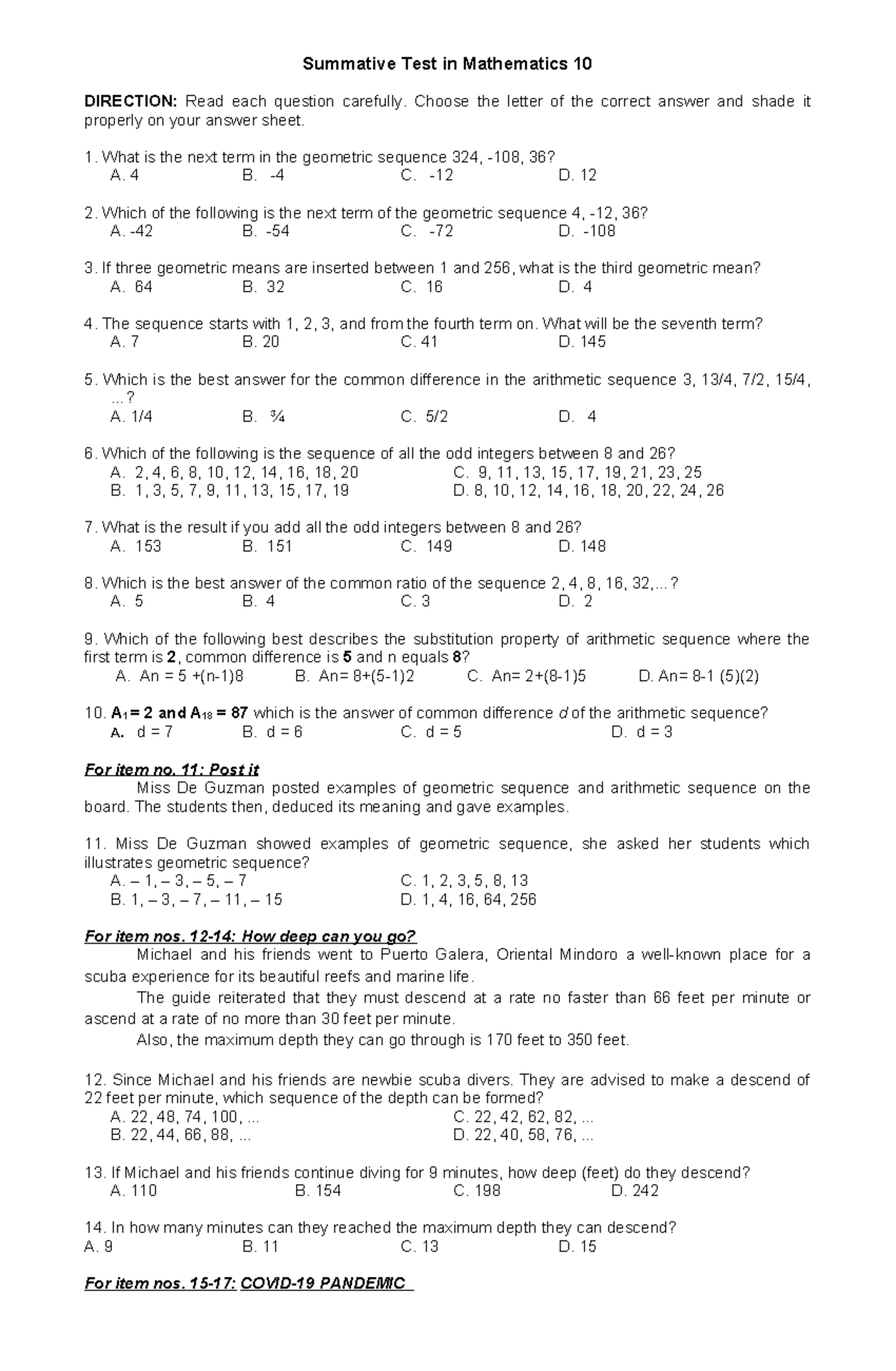 Summative Test of Regular class - Summative Test in Mathematics 10 ...