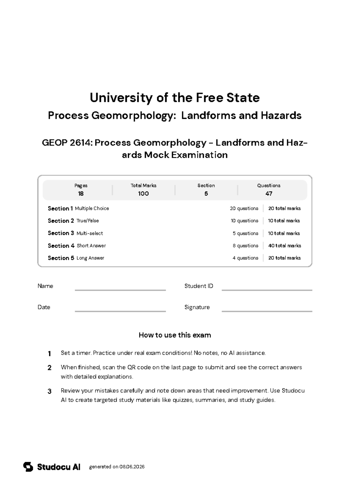 GEOP 2614: Process Geomorphology Mock Exam - Studocu