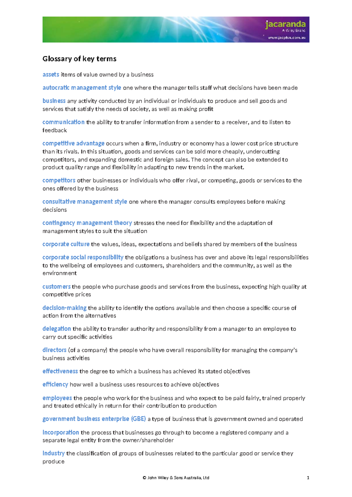 Glossary of Key Business Terms for AOS 1 Study Guide - Studocu