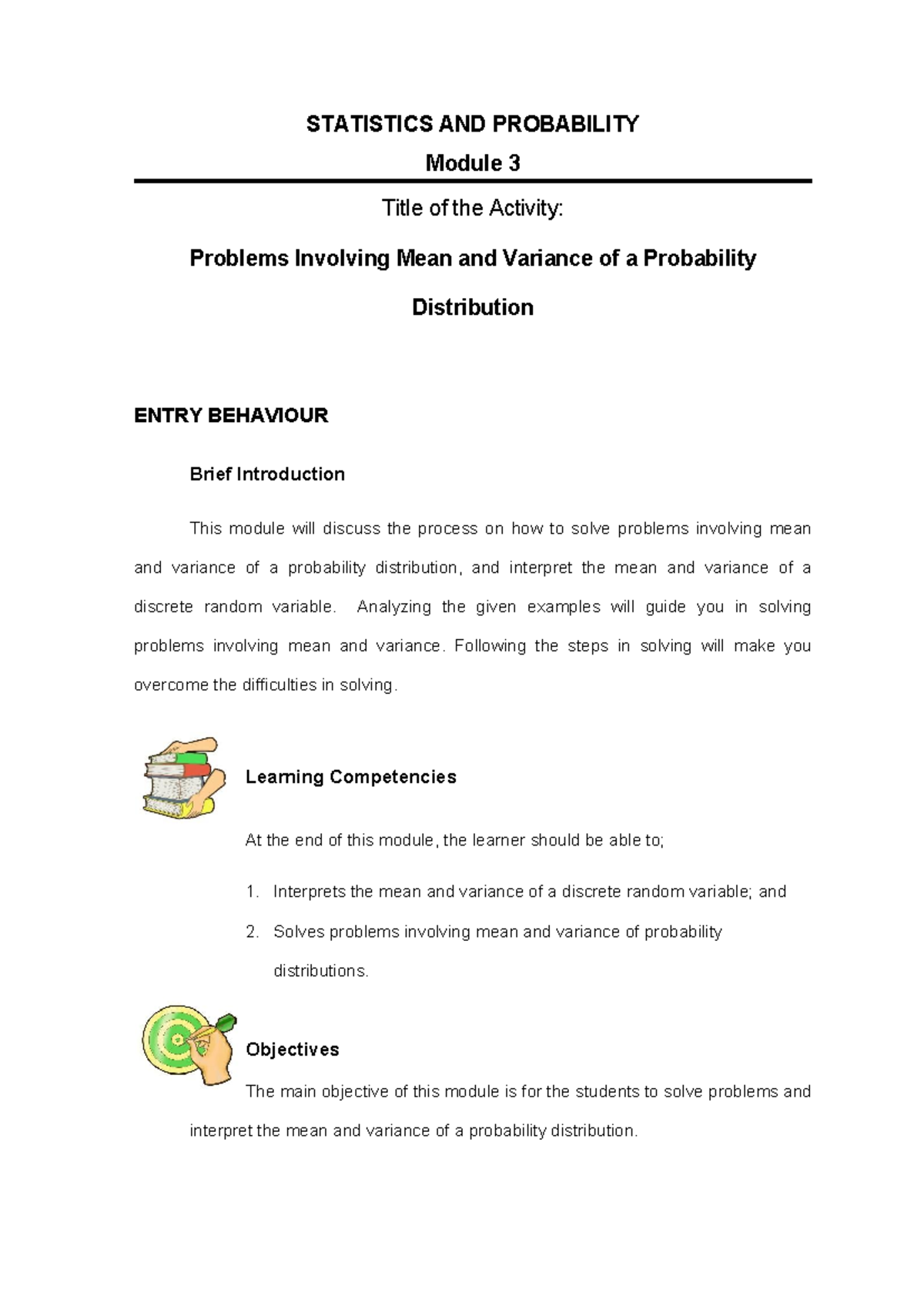 STATISTICS AND PROBABILITY Module 3: Mean & Variance Problems - Studocu