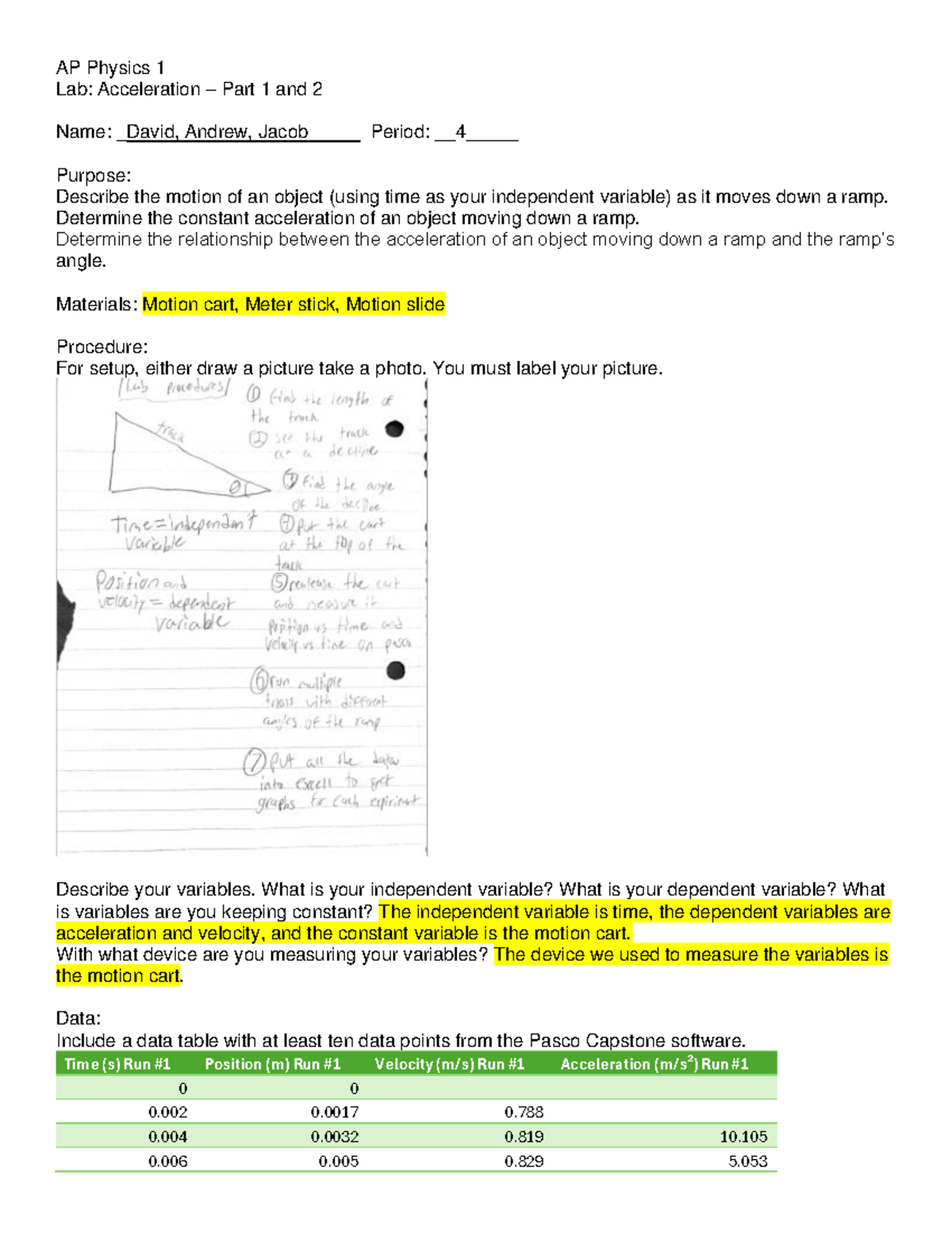 AP Physics 1 Lab: Acceleration Analysis of Ramp Motion - Studocu