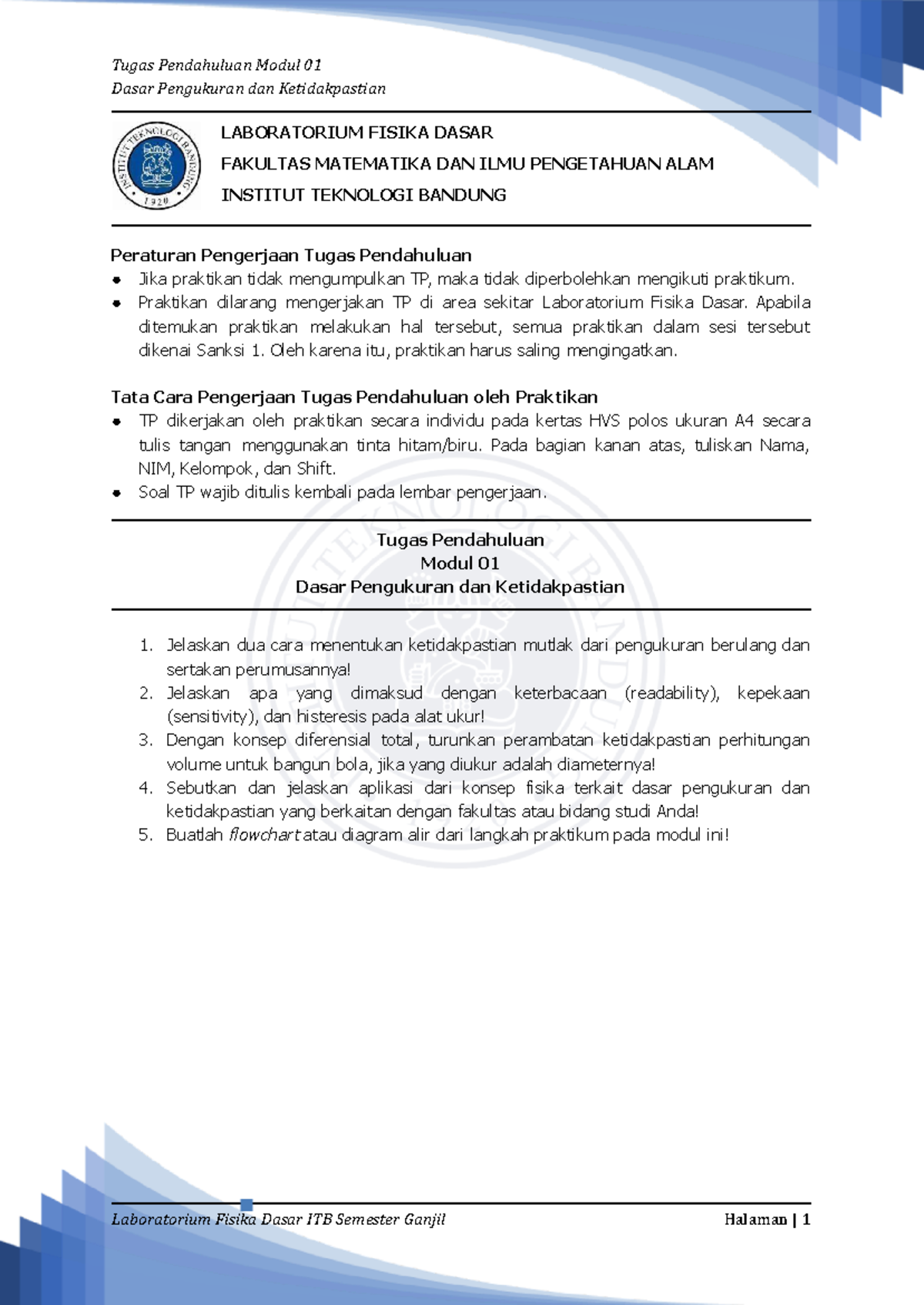 TP01E - Tugas Pendahuluan Modul 01: Dasar Pengukuran & Ketidakpastian - Studocu