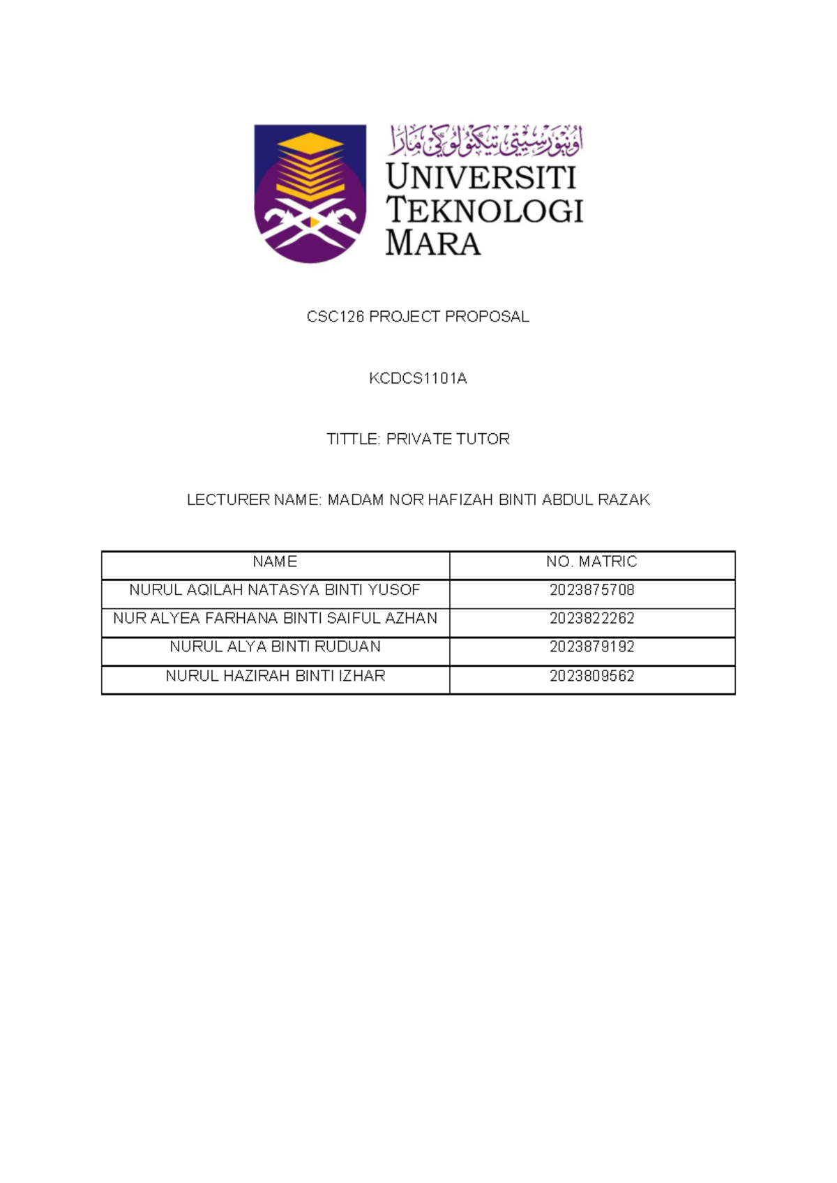 CSC126 Project Proposal: Private Tutor Initiative - Studocu