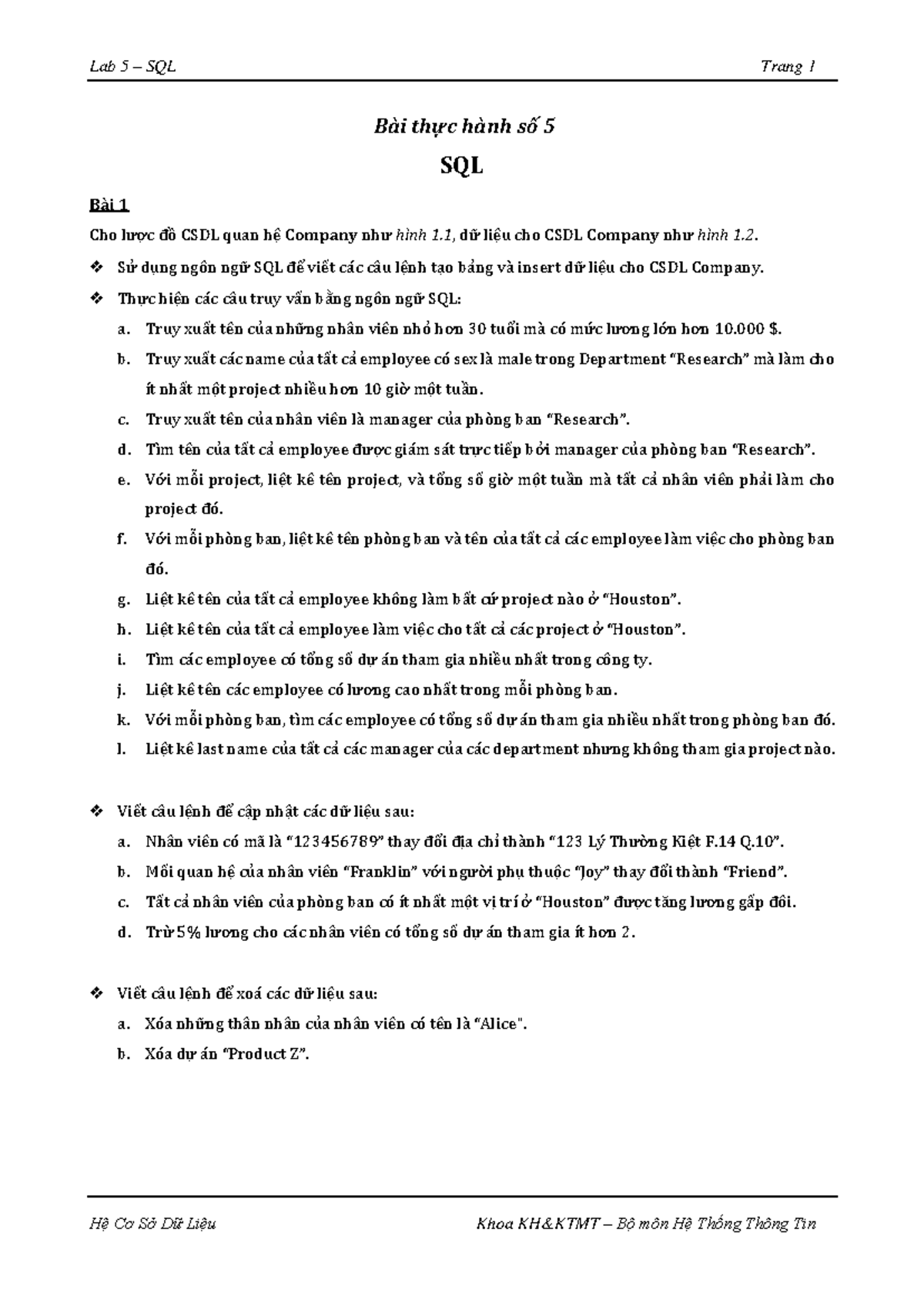 Lab 5 SQL: Thực Hành Câu Lệnh Tạo Bảng và Truy Vấn Dữ Liệu - Studocu