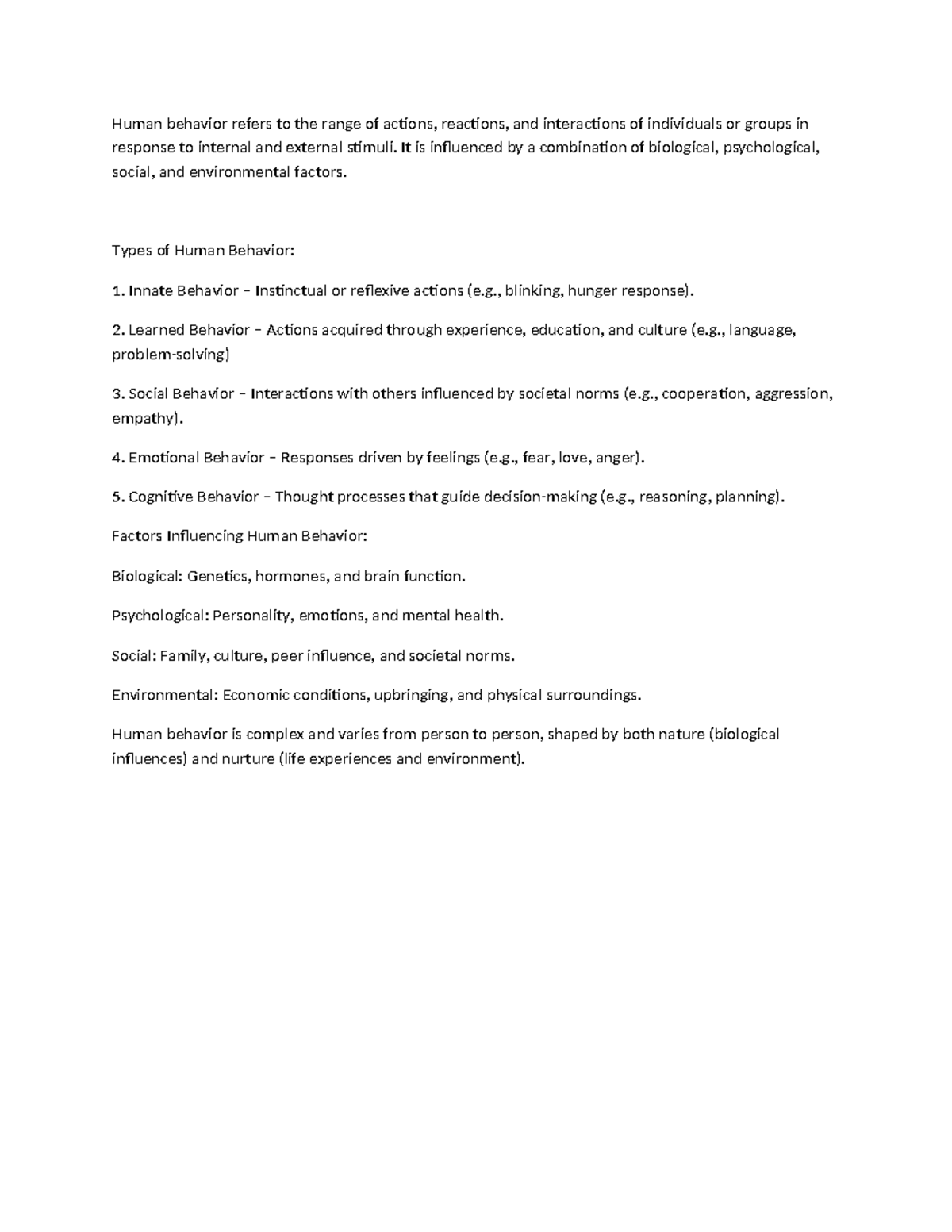 Human Behavior: Summary of Types and Influencing Factors - Studocu