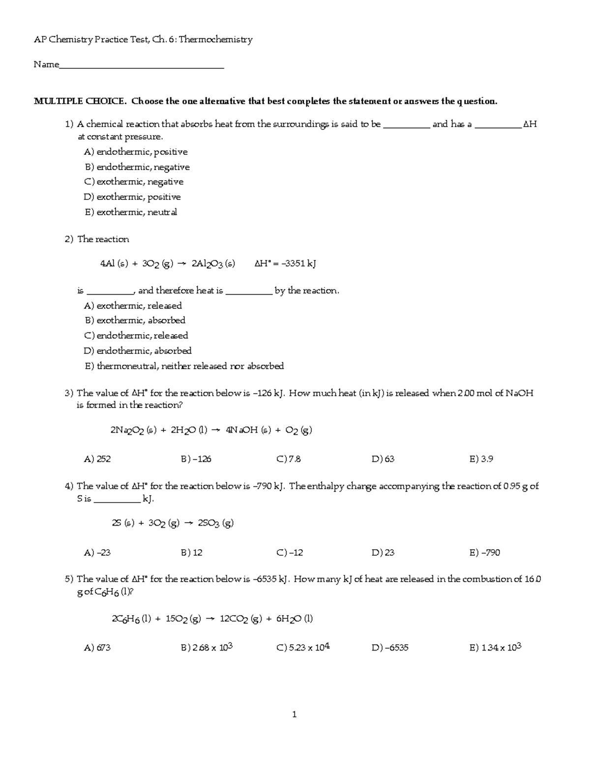 Ch. 06 AP Chem Practice Test: Understanding Thermochemistry Concepts ...