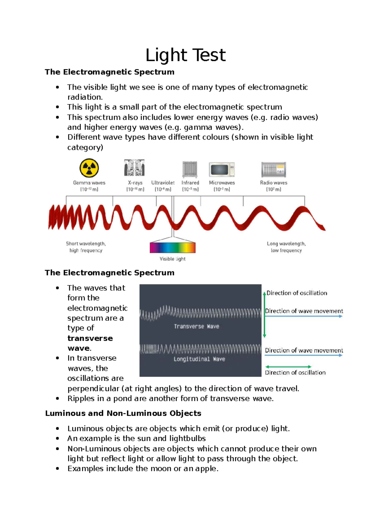 Physics Year 9: Light and the Electromagnetic Spectrum Notes - Studocu