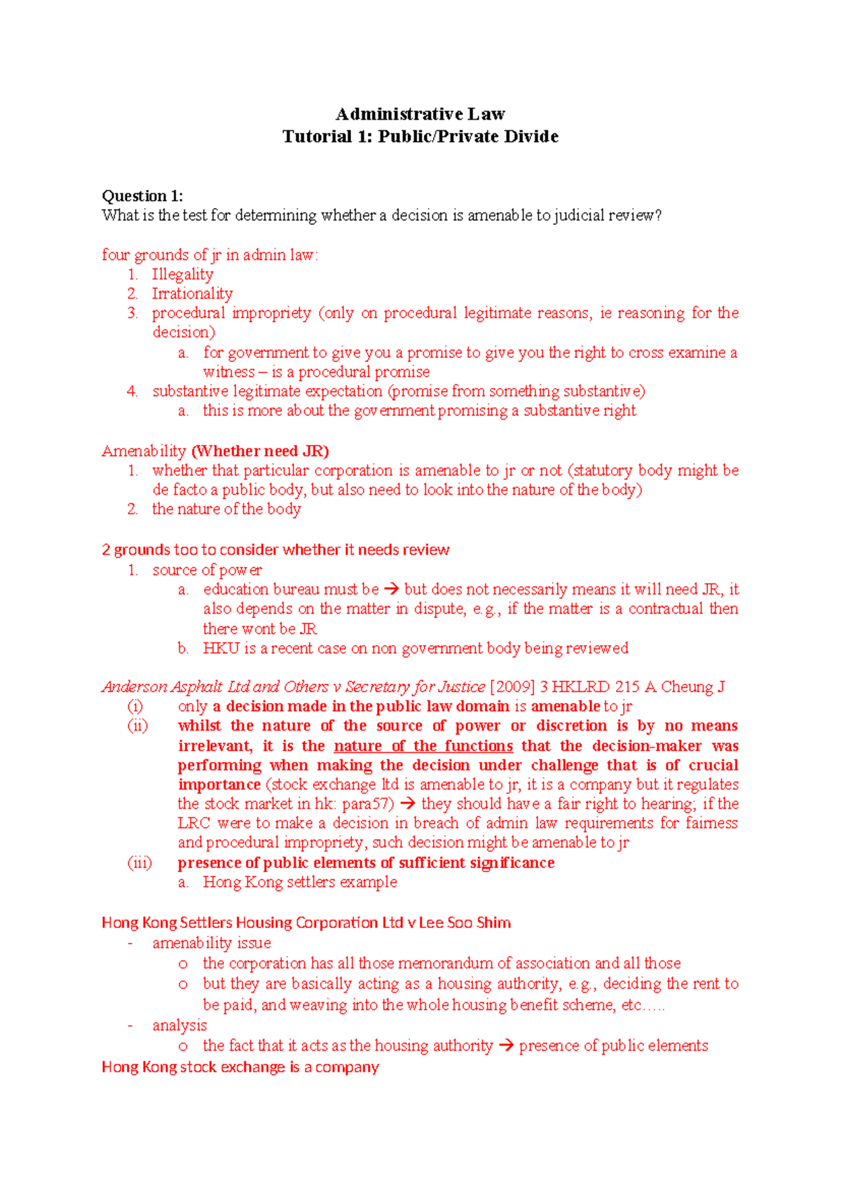 Administrative Law Tutorial 1 Questions on Judicial Review - Studocu