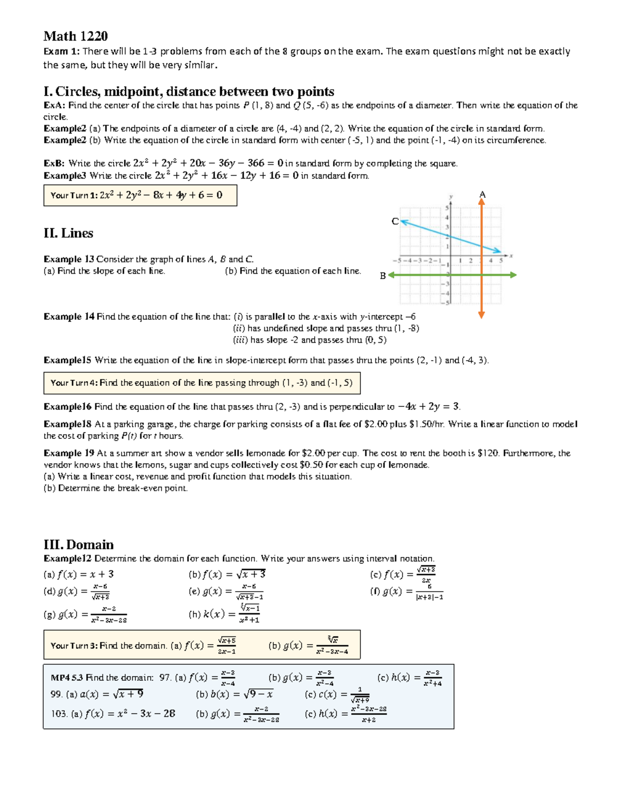Math 1220 Final Exam Review: Circles, Lines, and Functions - Math 1220 ...