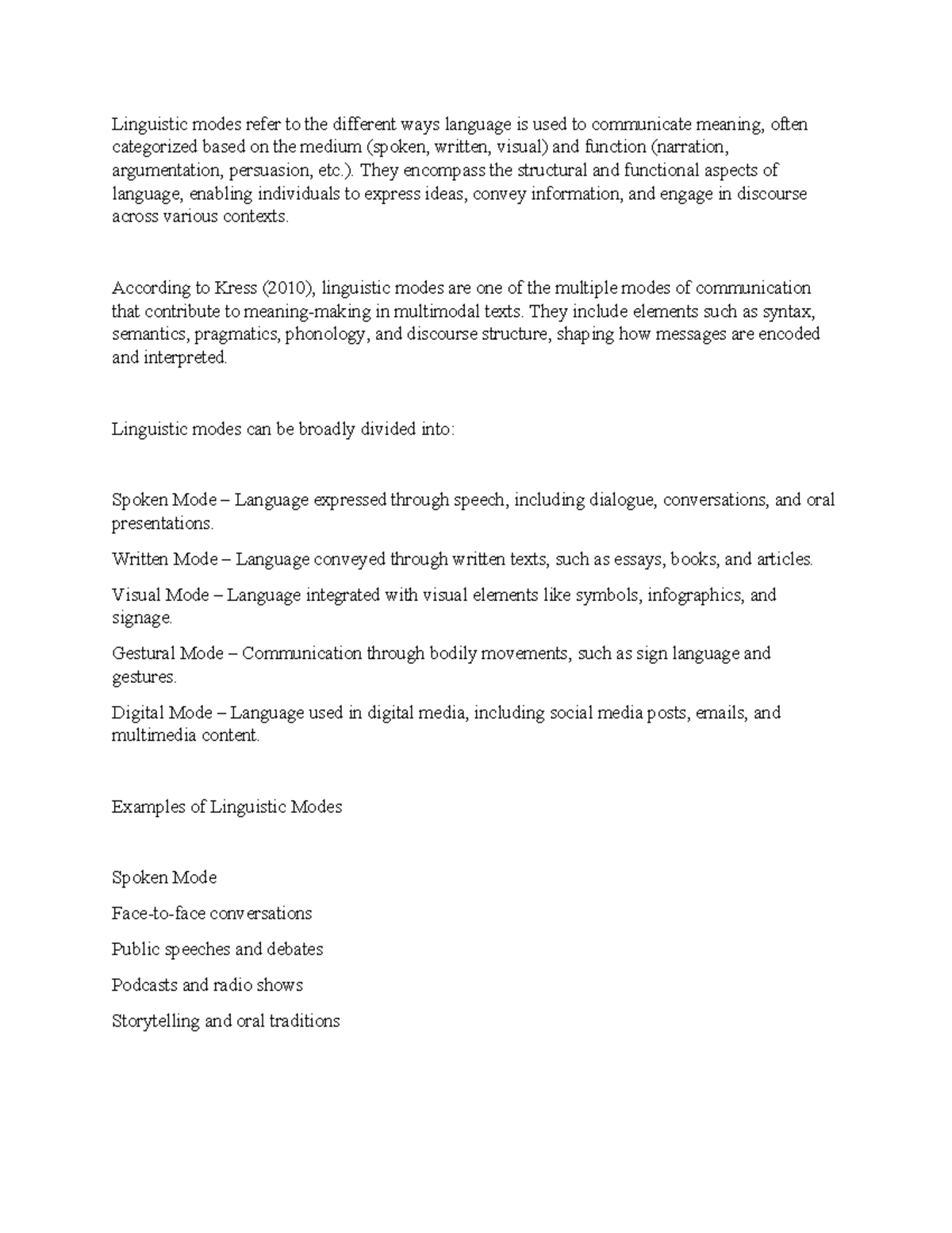 Linguistic Modes: Understanding Communication Across Mediums - Studocu