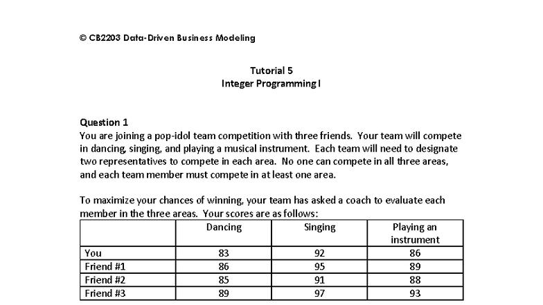CB2203 Business Modeling Tutorial 5: Integer Programming Optimization ...