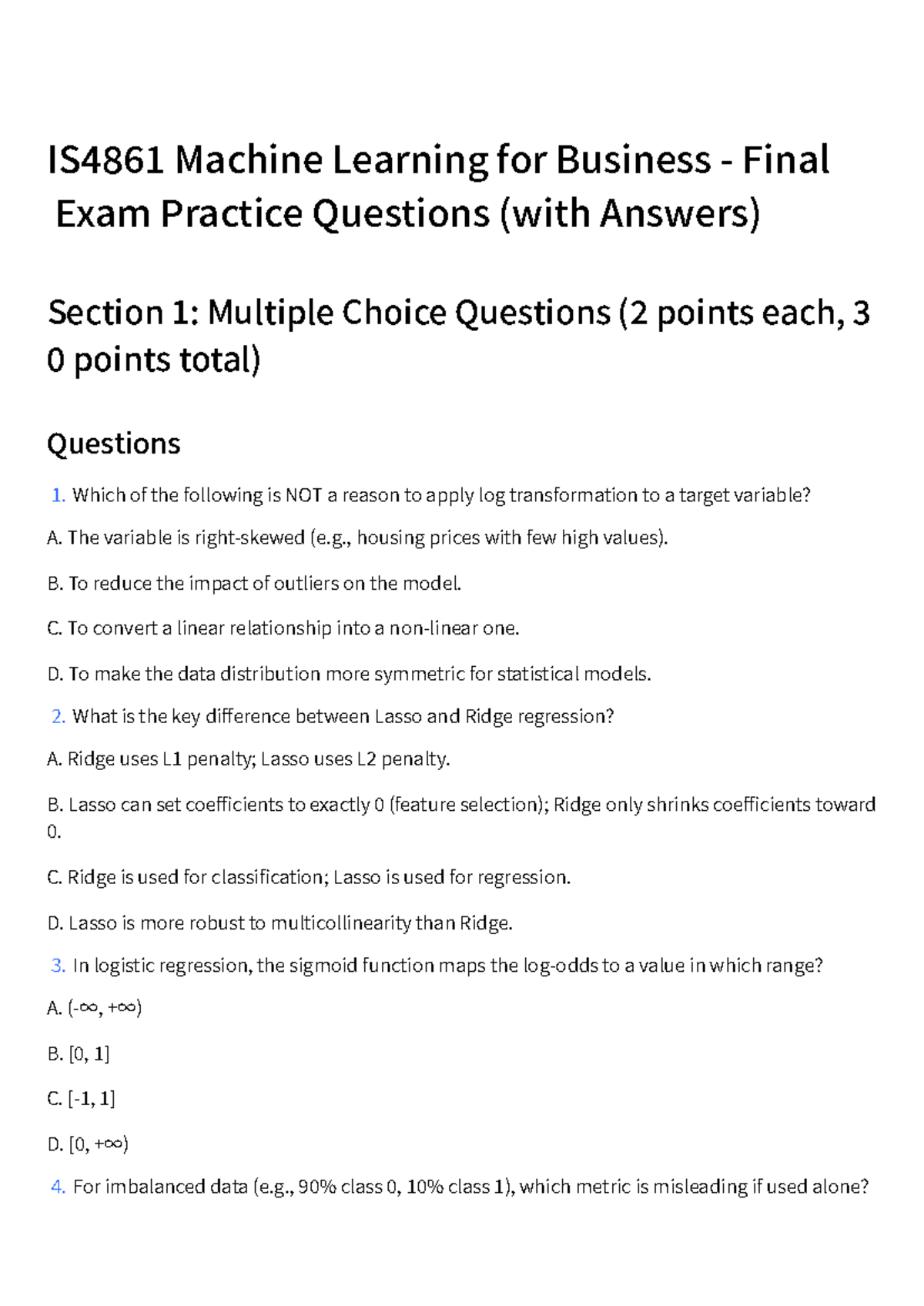 IS4861 Machine Learning for Business Final Exam Practice Questions ...