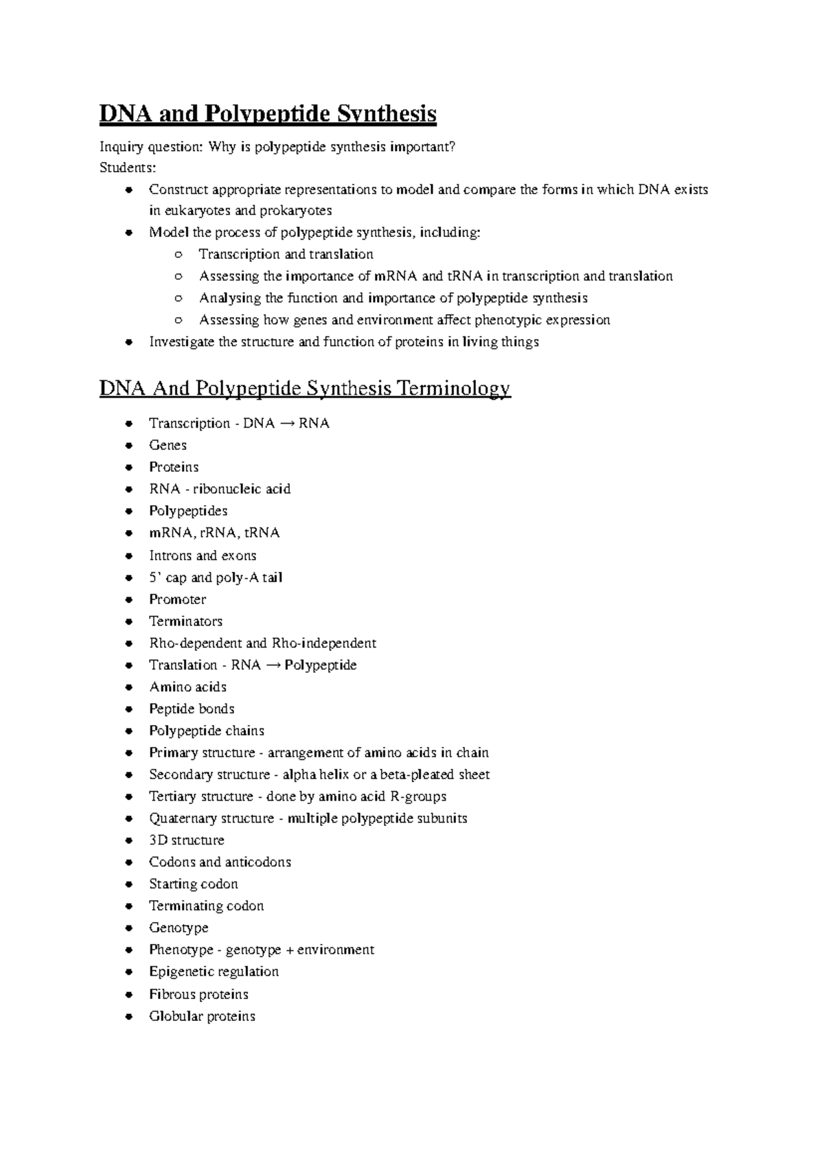 Biology Notes Year 12: DNA & Polypeptide Synthesis Overview - Studocu