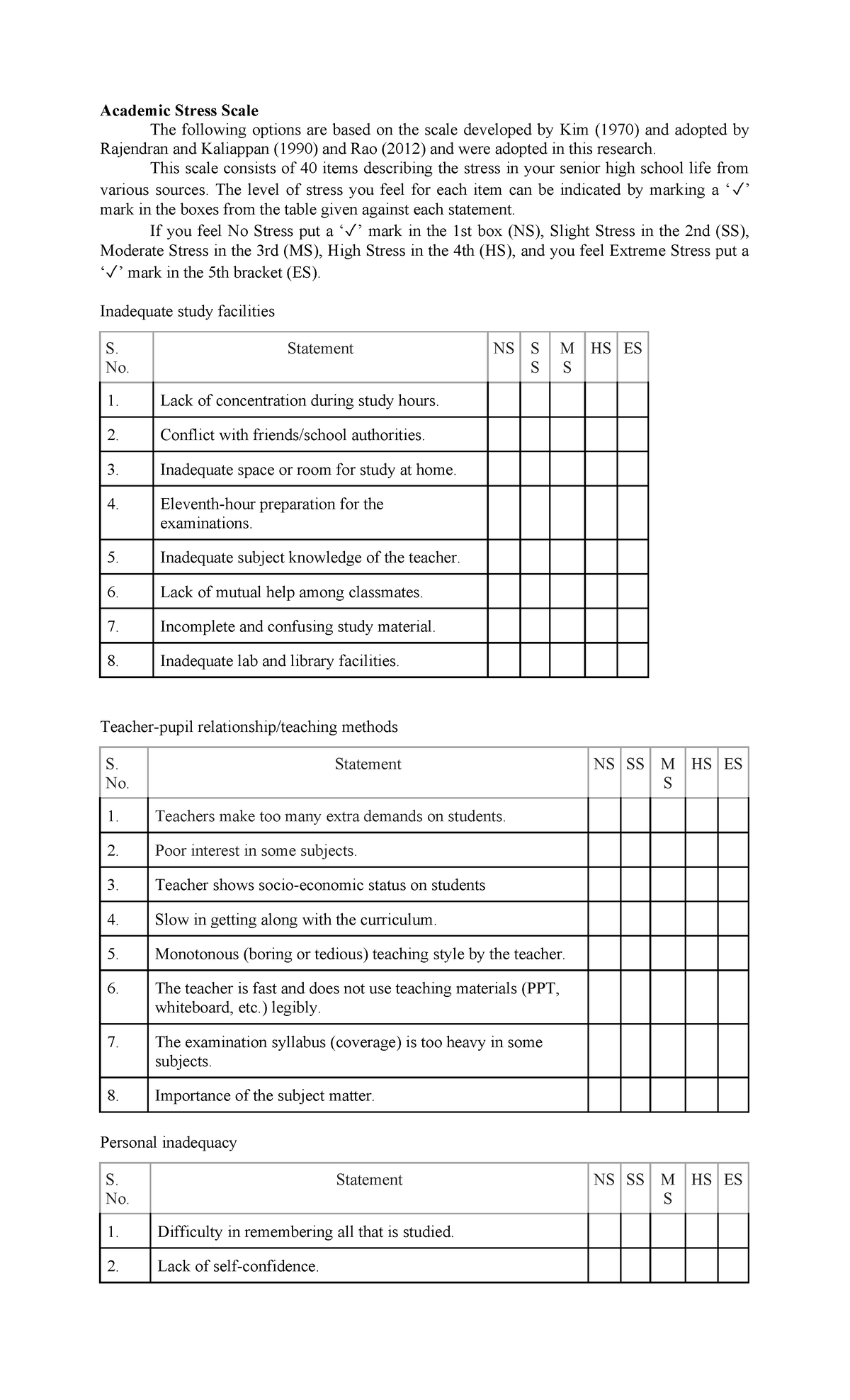 Academic Stress Scale: Insights from Kim, Rajendran & Kaliappan - Studocu