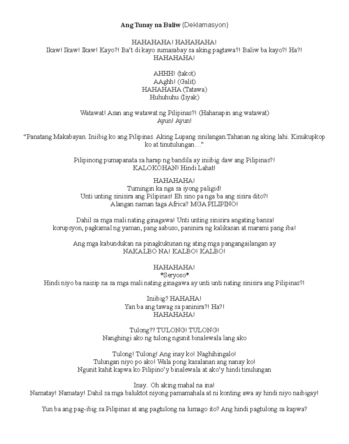 Deklamasyon: Ang Tunay na Baliw - Paghahanap ng Katotohanan - Studocu