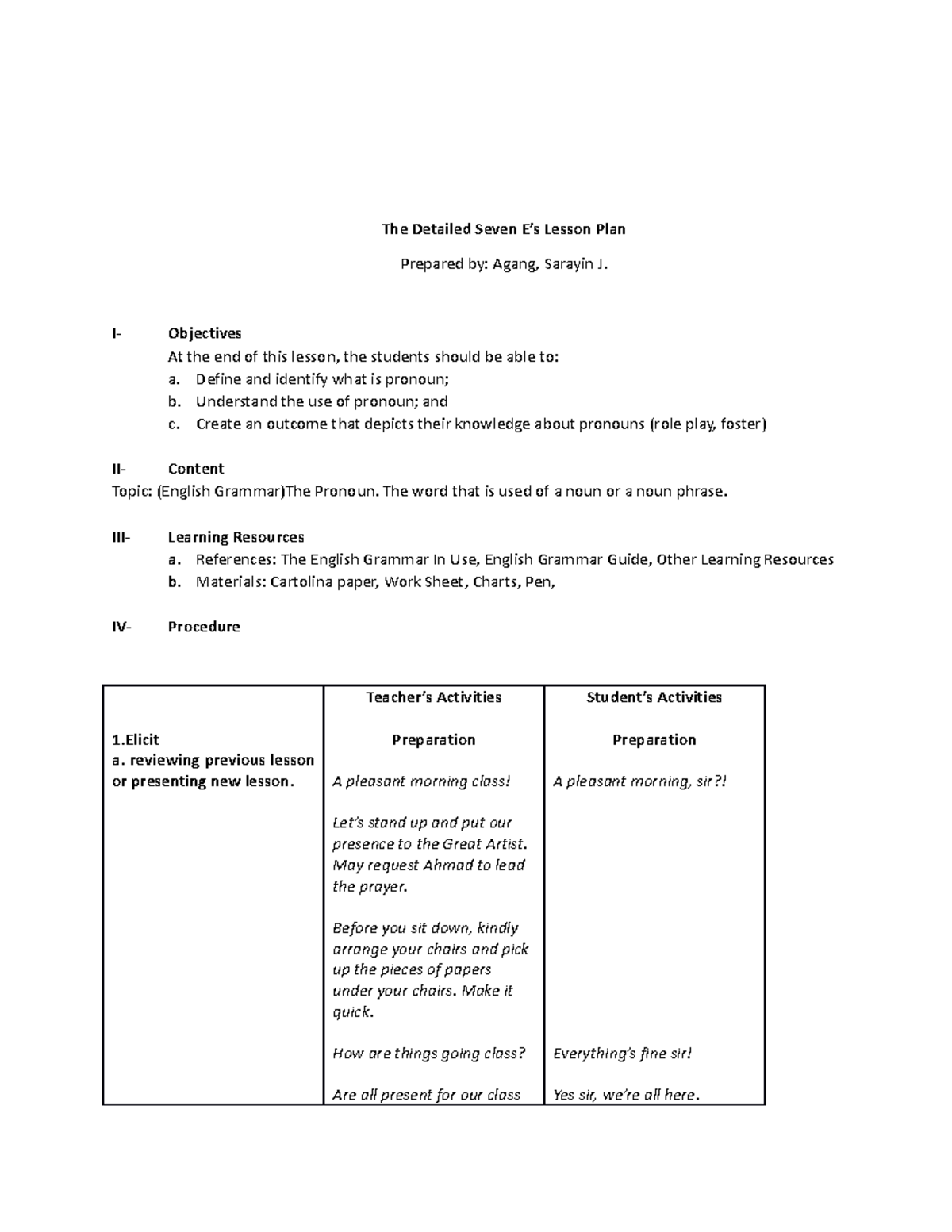 The 7E's Lesson Plan on Pronouns - Junior College Framework - Studocu