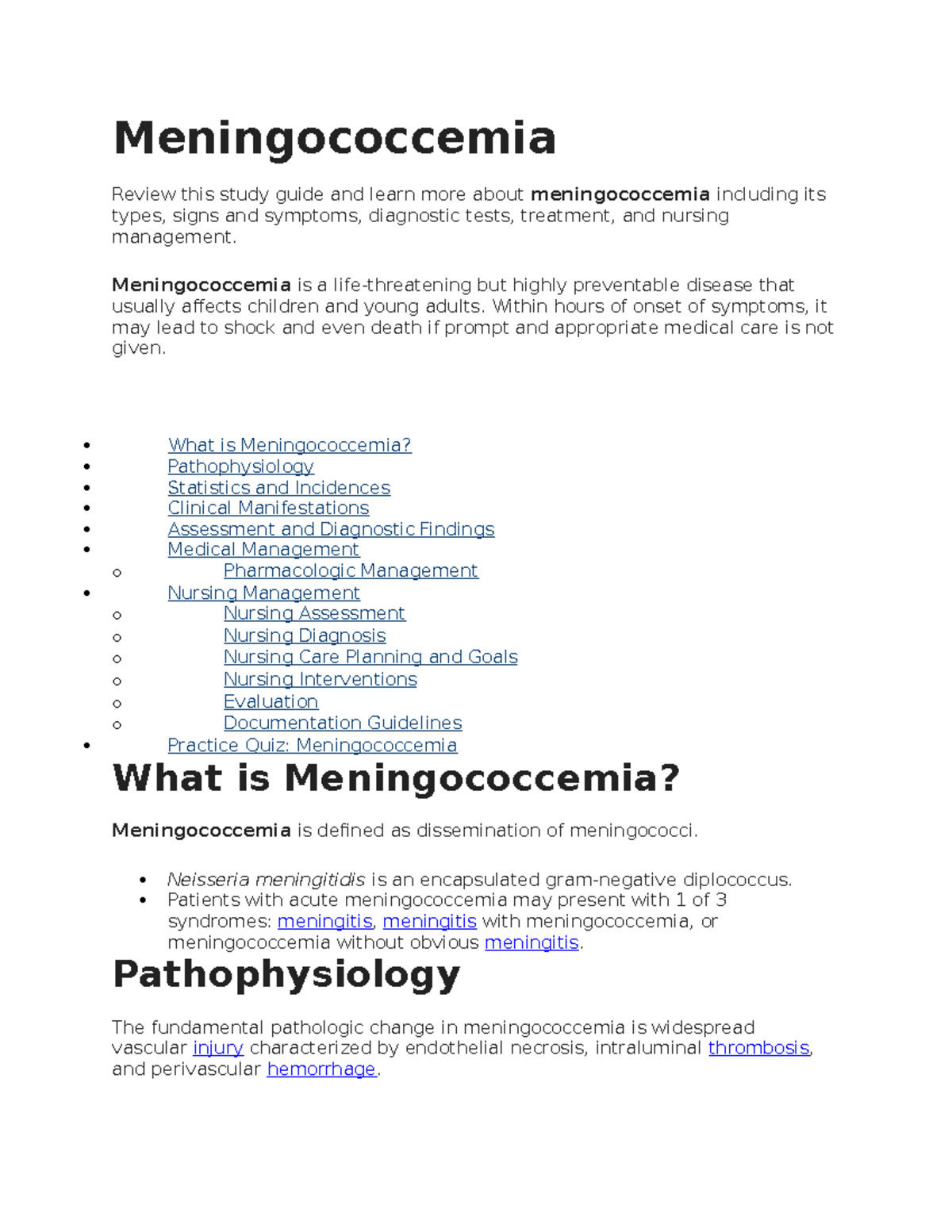 EASY Nursing - Meningococcemia Study Guide and Quiz Review - Studocu