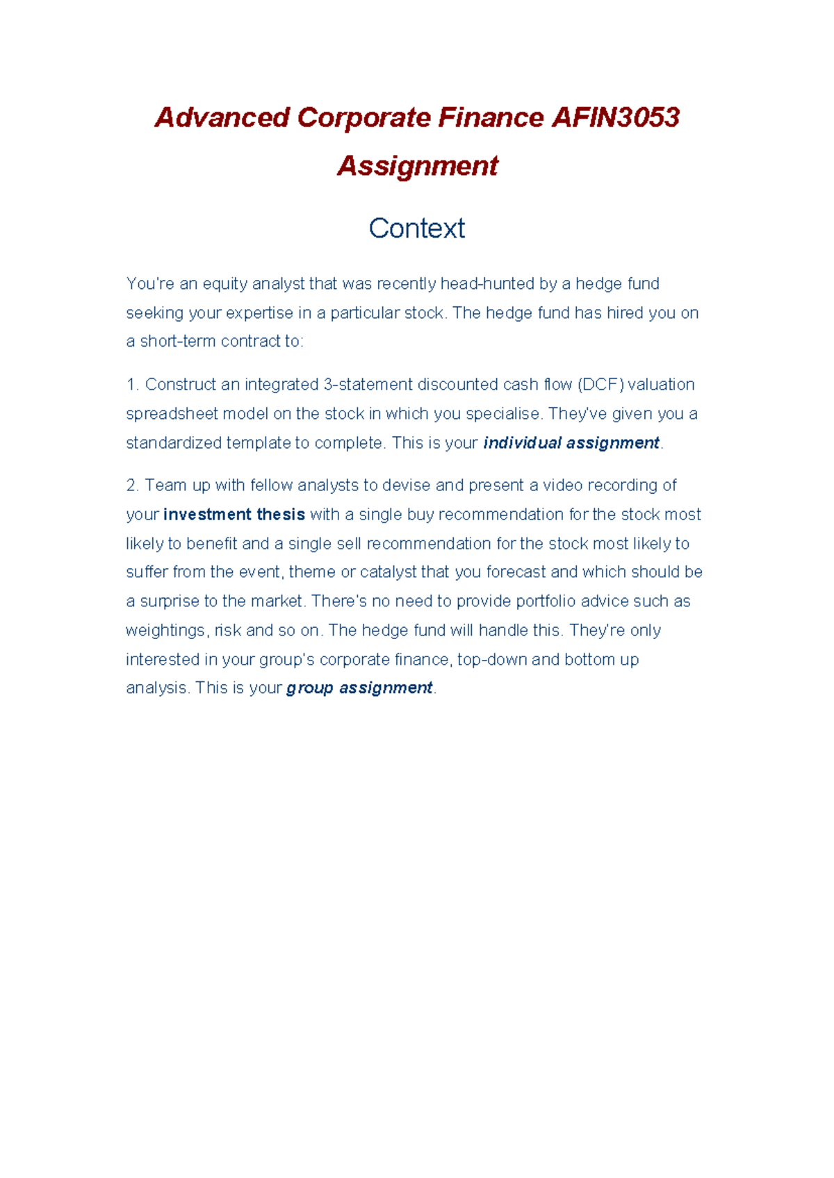 AFIN3053 Advanced Corporate Finance Assignment: DCF Valuation & Group ...
