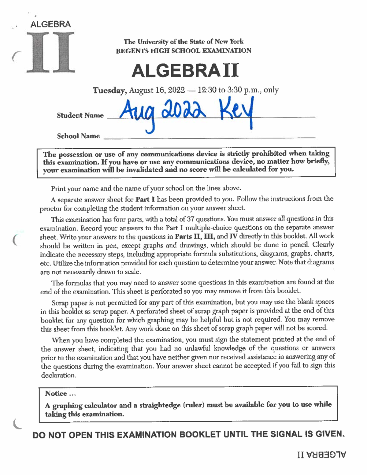 ALGEBRA II Regents Exam - August 2022 Overview and Instructions - Studocu