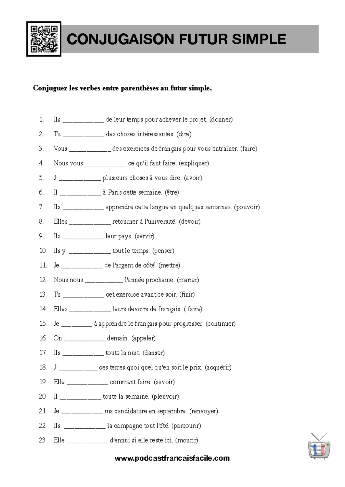 Exercice de Conjugaison au Futur Simple - Français - Studocu