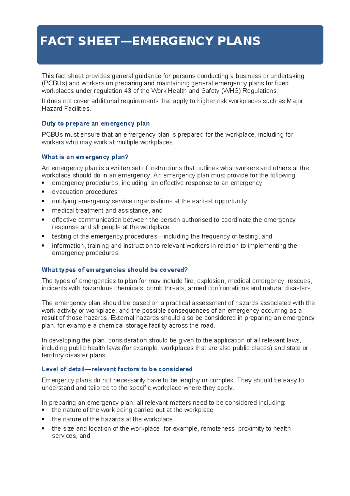 Emergency Plans Fact Sheet: Guidance for PCBUs and Workers on WHS ...