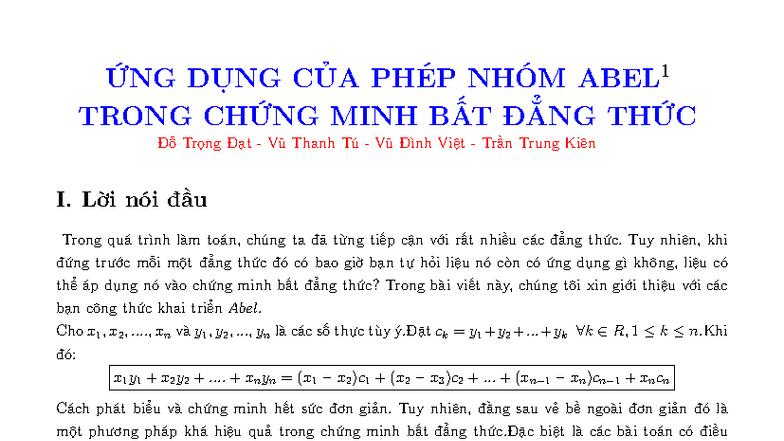 ỨNG DỤNG PHÉP NHÓM ABEL TRONG CHỨNG MINH BẤT ĐẲNG THỨC - TOÁN 1 - Studocu