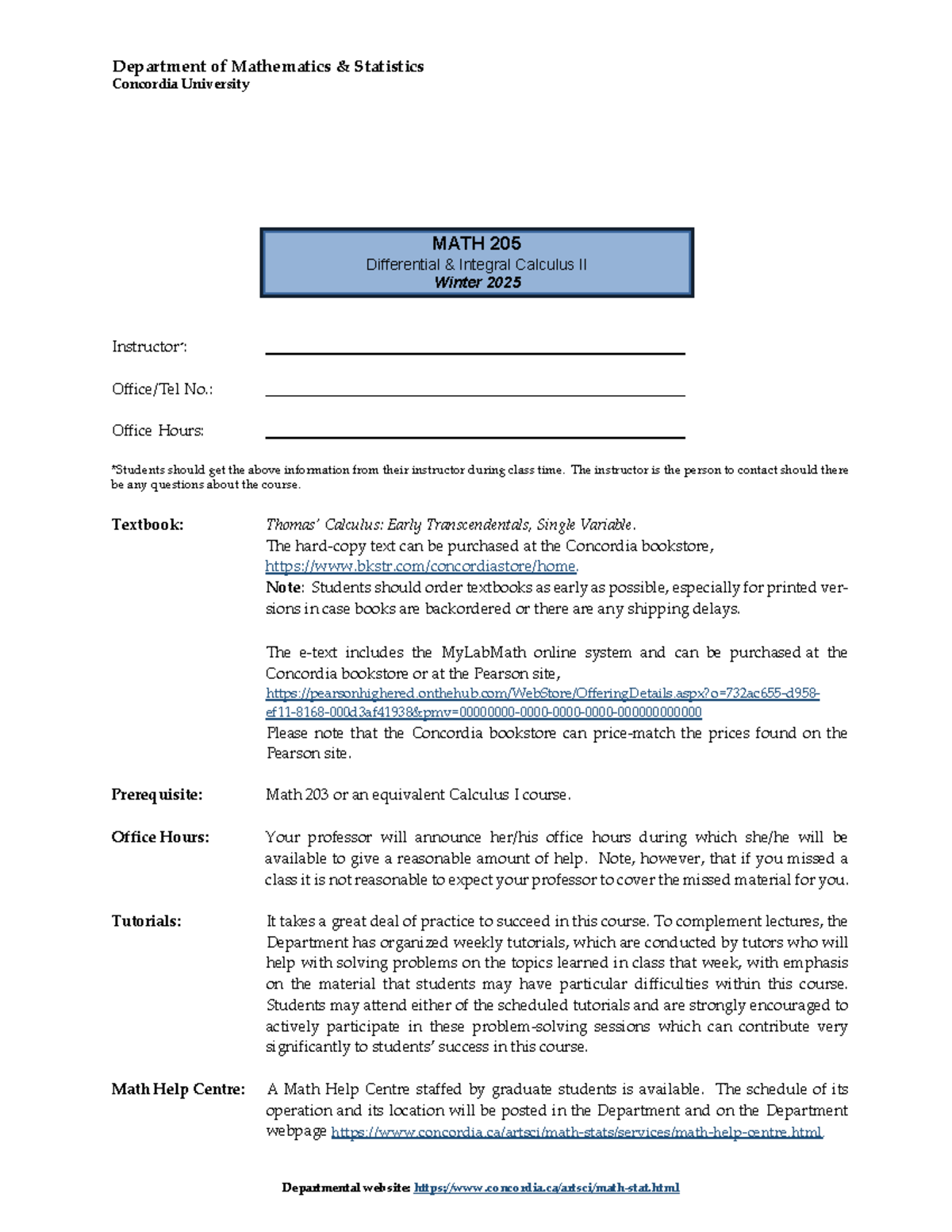 MATH 205 Winter 2025 Course Outline: Differential & Integral Calculus ...
